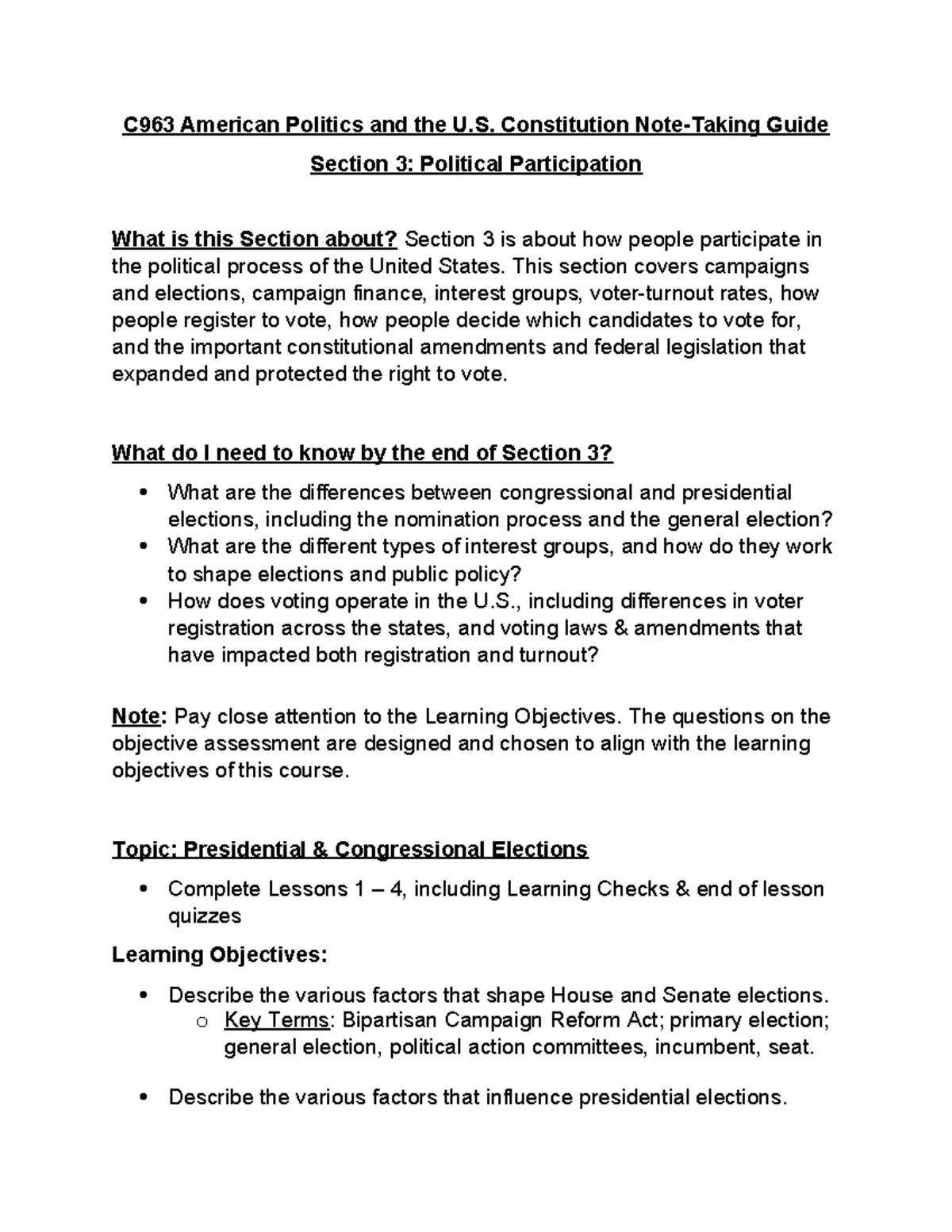 C963 Section 3 Note Taking Guide - C963 American Politics and the U ...