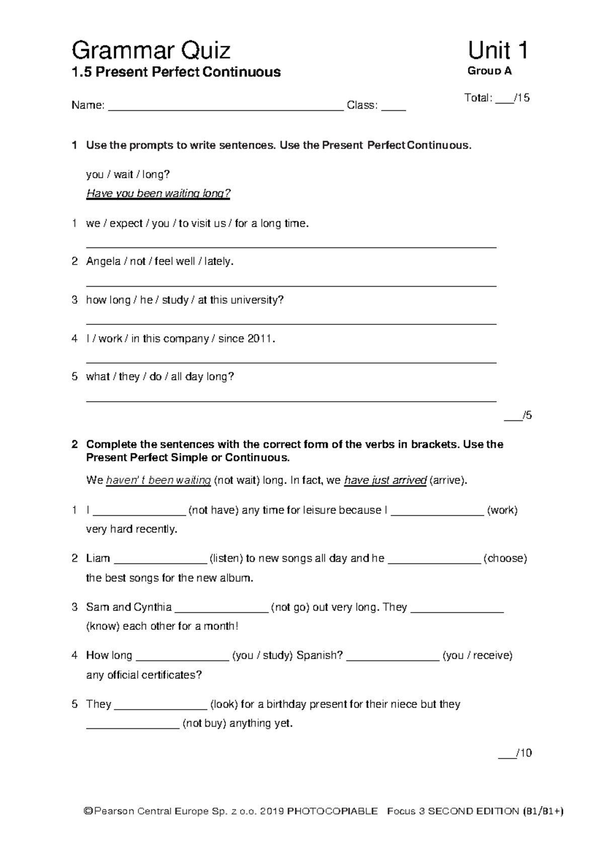 Focus 3 2E Grammar Quiz Unit1.5 Group A - Grammar Quiz Unit 1 1 Present ...