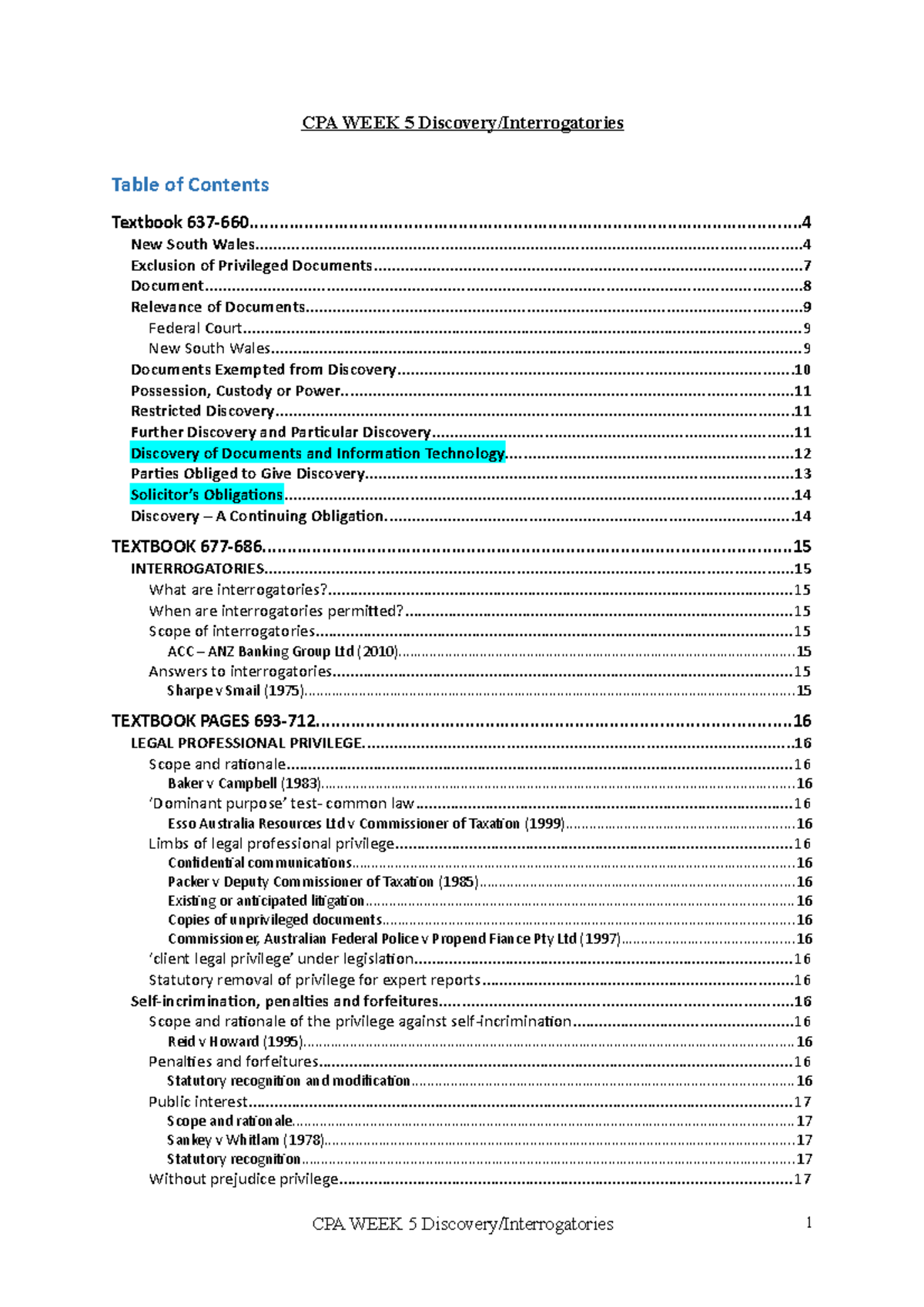 CPA Week 5 Reading Notes - CPA WEEK 5 Discovery/Interrogatories Table ...