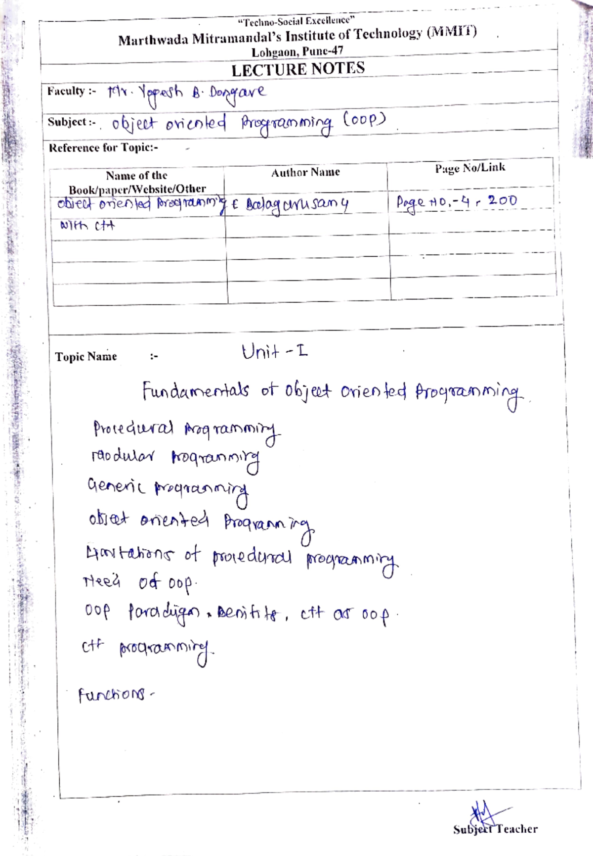 Oop unit-I hand written notes - Computer Engineering - Studocu