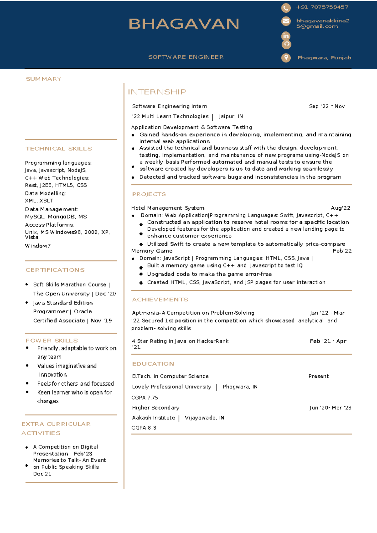 Shirish Kumar Software Engineer new - BHAGAVAN SOFTWARE ENGINEER SUMMARY TECHNICAL SKILLS - Studocu