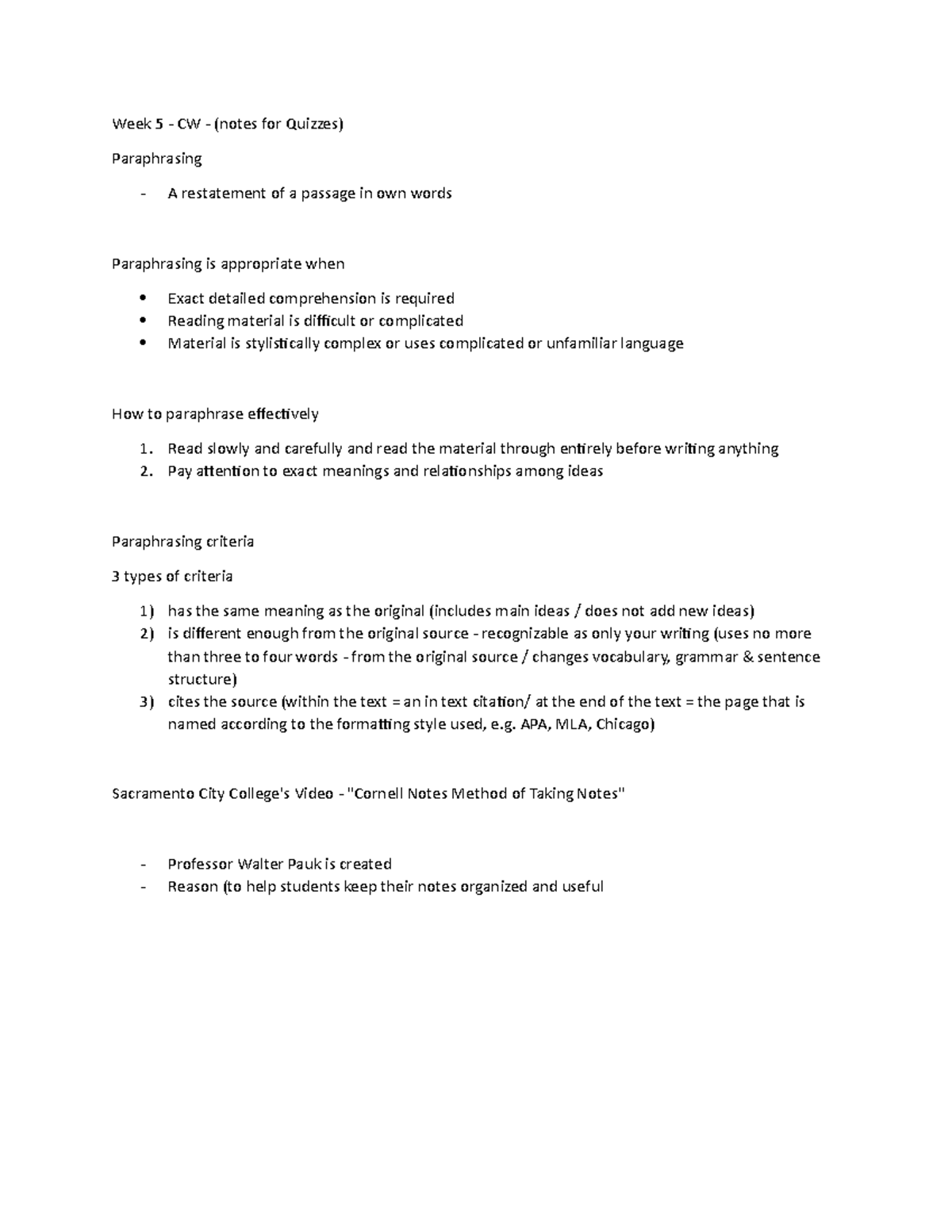 Notesforquizzes 2 - Notes for quiz 2 - Week 5 - CW - (notes for Quizzes ...