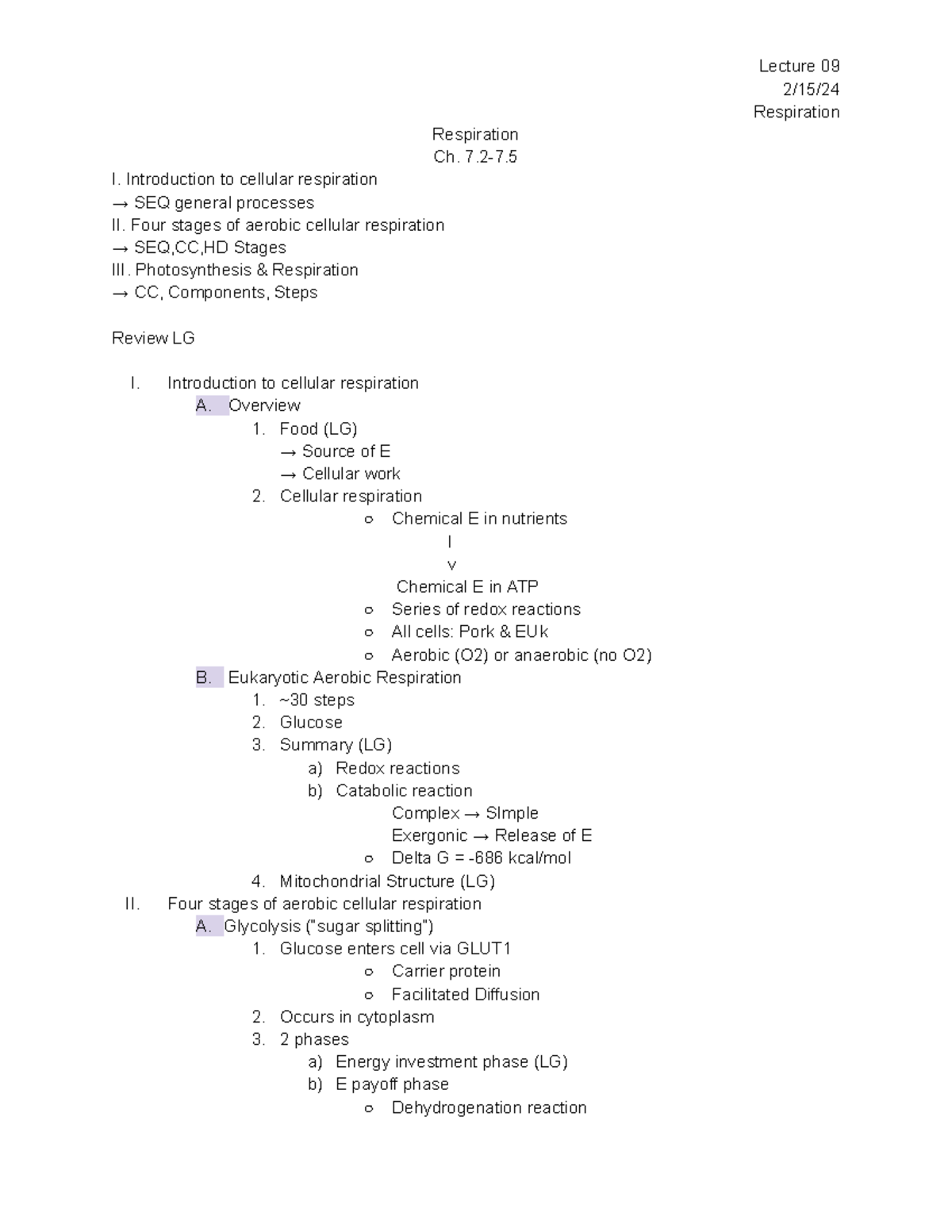 Lecture 09 - Respiration - Lecture 09 2/15/ Respiration Respiration Ch ...