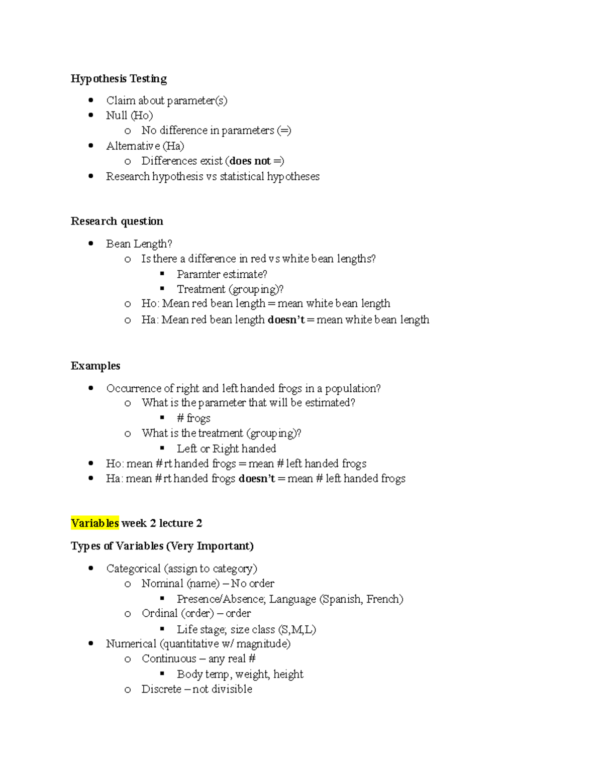 Week 2 Lecture 2 - Hypothesis Testing Claim about parameter(s) Null (Ho ...