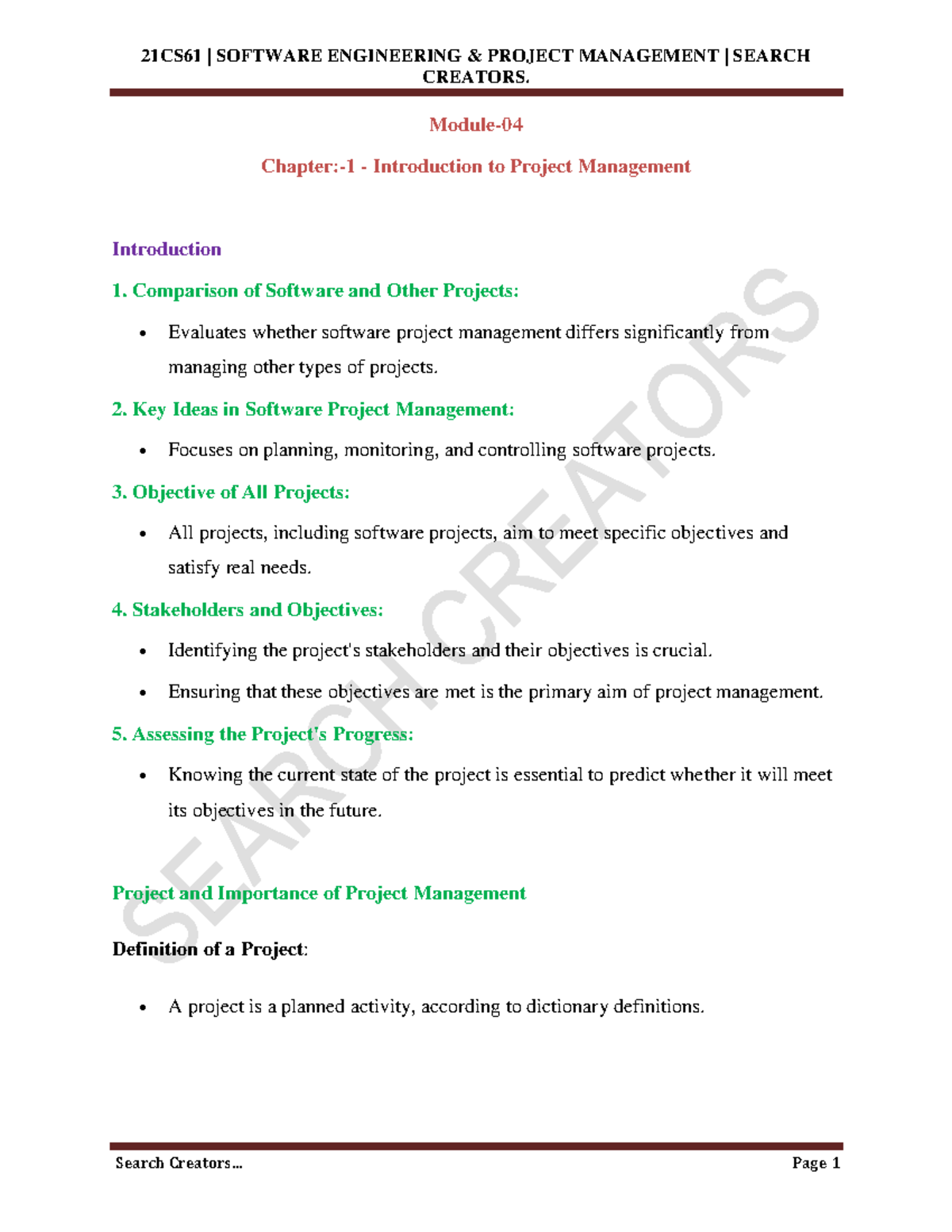 software engineering (21cs61) - Module4 - CREATORS. Module- Chapter:-1 - Introduction to Project ...