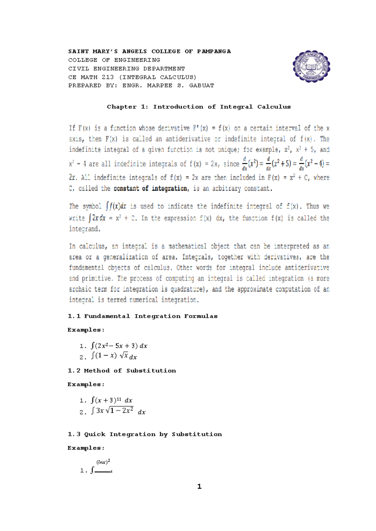 Integral- Module - COLLEGE OF ENGINEERING CIVIL ENGINEERING DEPARTMENT ...