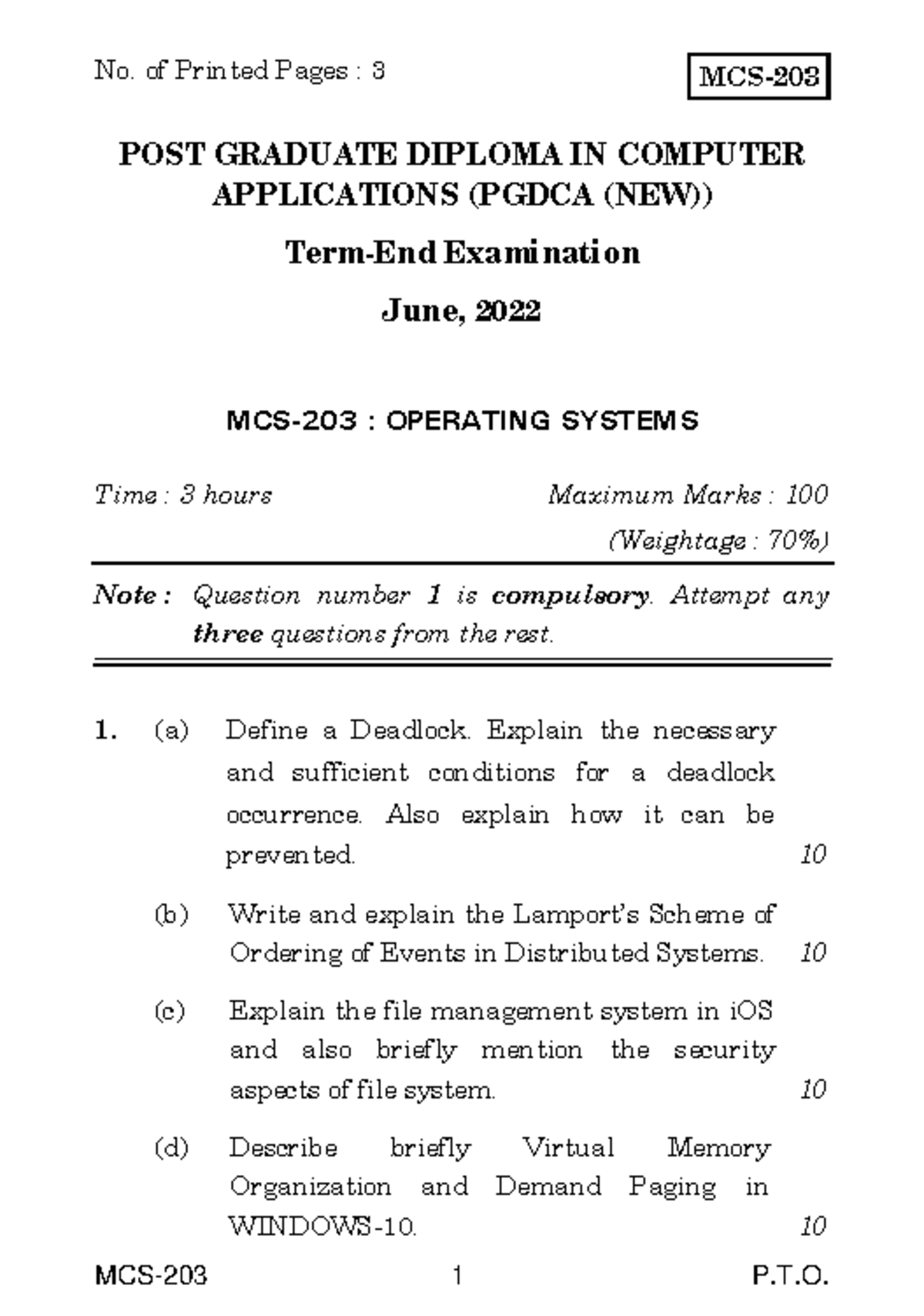 MCS-203 - MCS 203 (OPERATING SYSTEM) - MCS-203 1 P.T. MCS- POST GRADUATE DIPLOMA IN COMPUTER ...