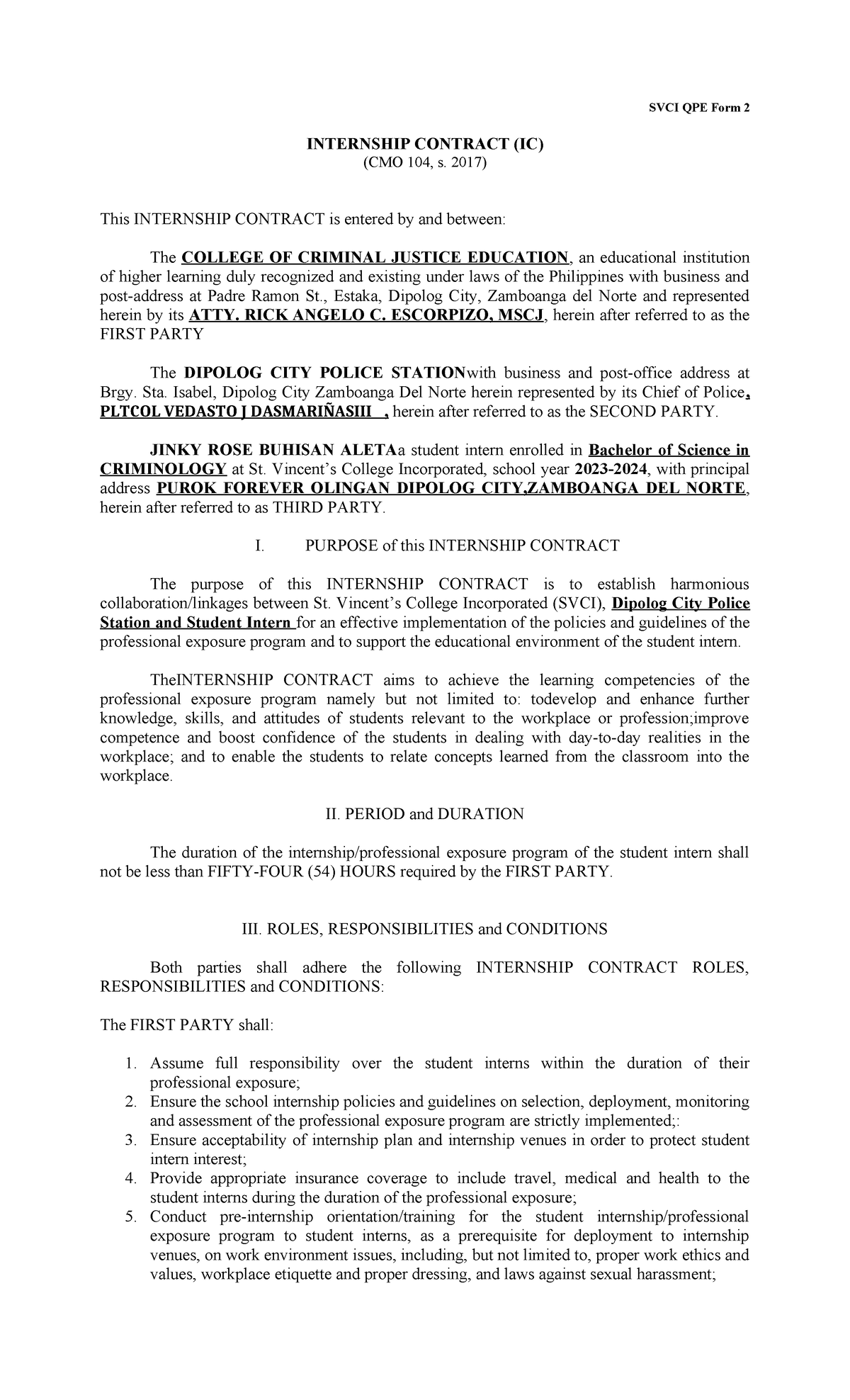 Aleta - ajjdjdjdj - SVCI QPE Form 2 INTERNSHIP CONTRACT (IC) (CMO 104 ...
