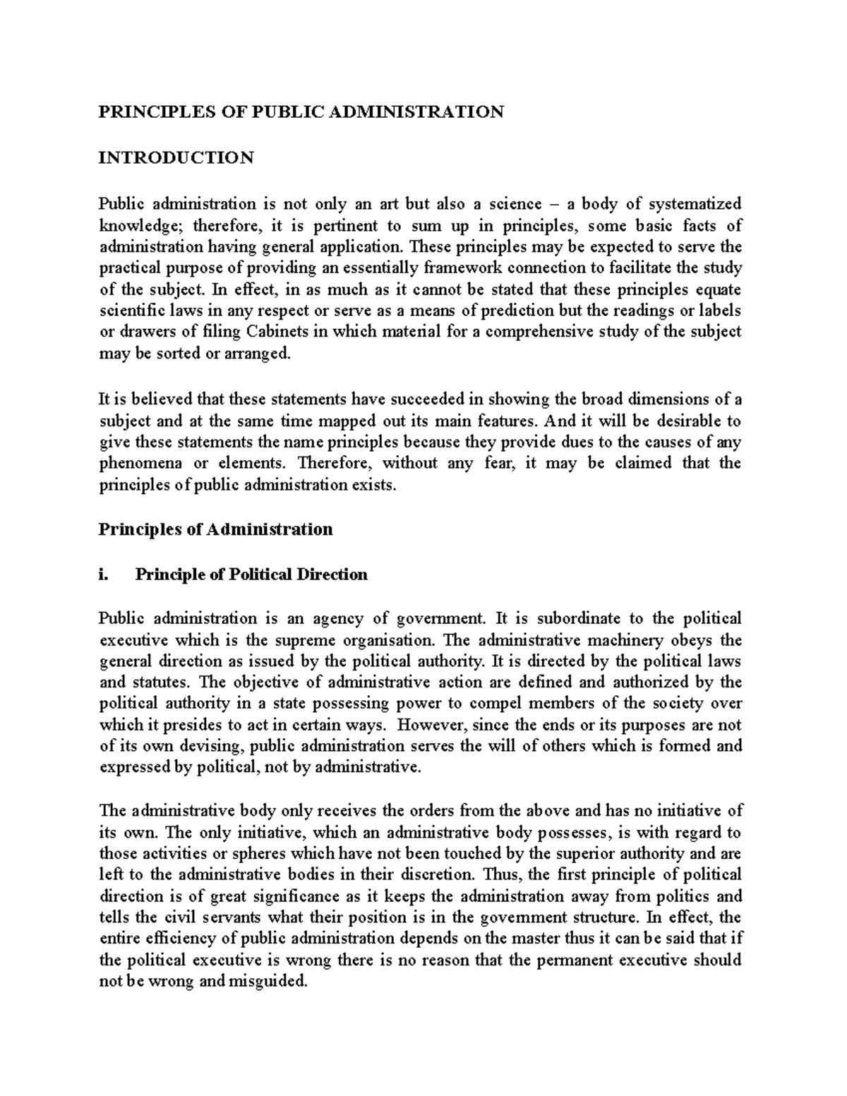 Principles Of Public Administration - PRINCIPLES OF PUBLIC ADMINISTRATION INTRODUCTION Public ...