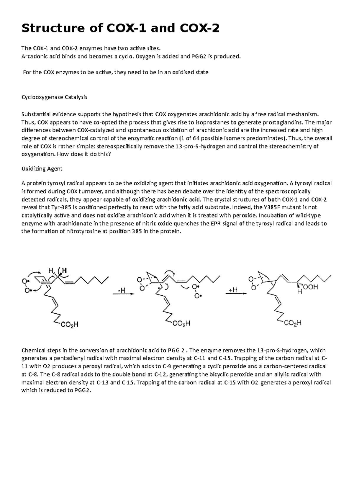 Structure of COX - Lecture notes 9 - Structure of COX-1 and COX-2 The ...