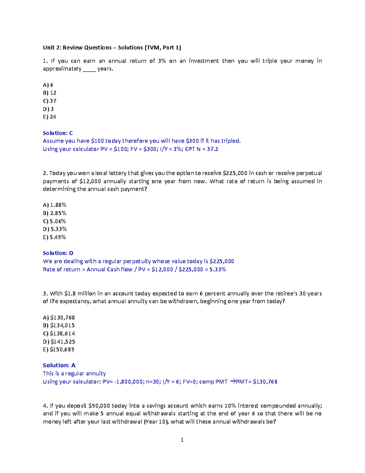 ADMS3530 Outline - Unit 2: Review Questions – Solutions (TVM, Part 1 ...