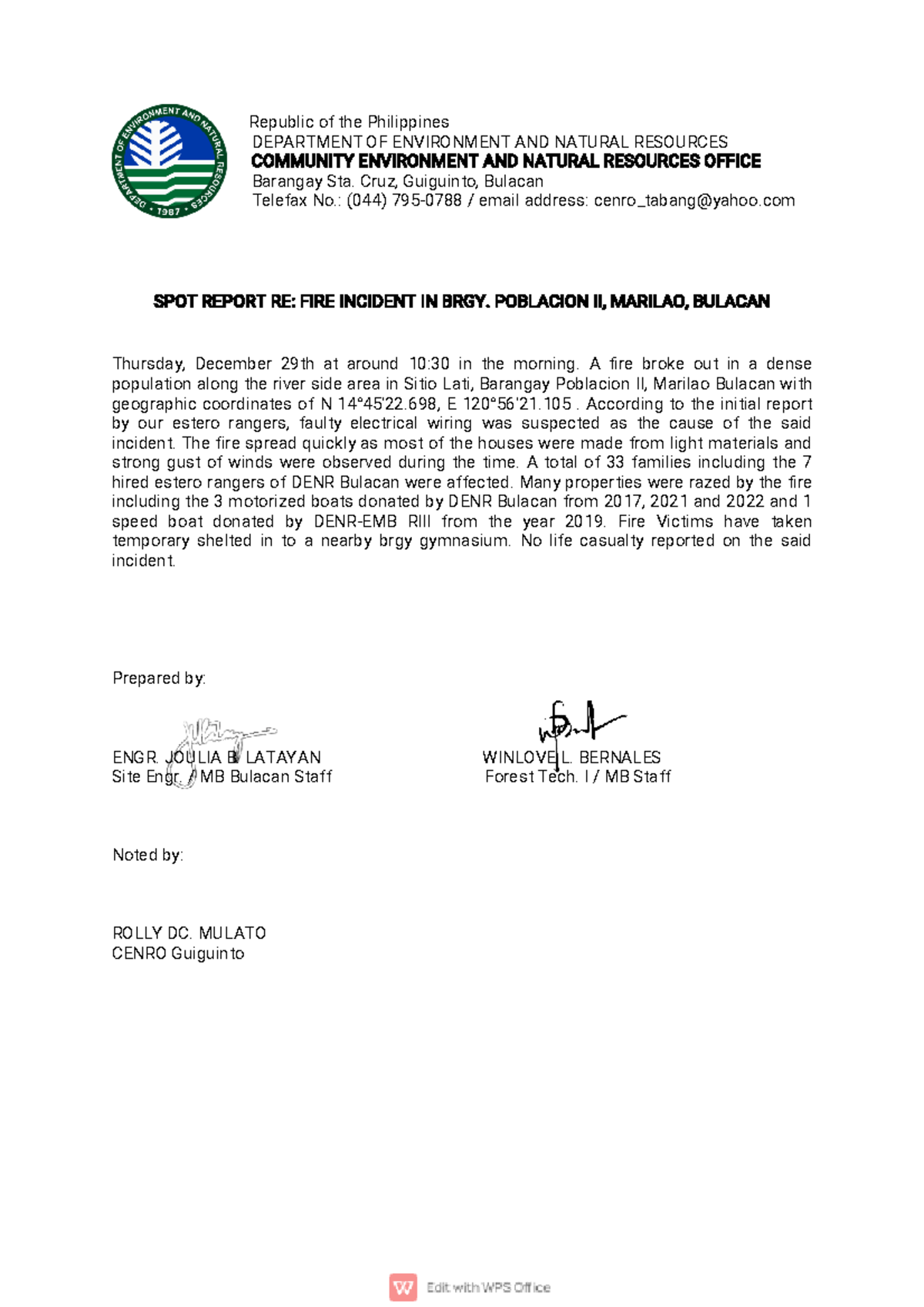 SPOT Report RE FIRE Incident IN BRGY. Poblacion II, Marilao, Bulacan ...