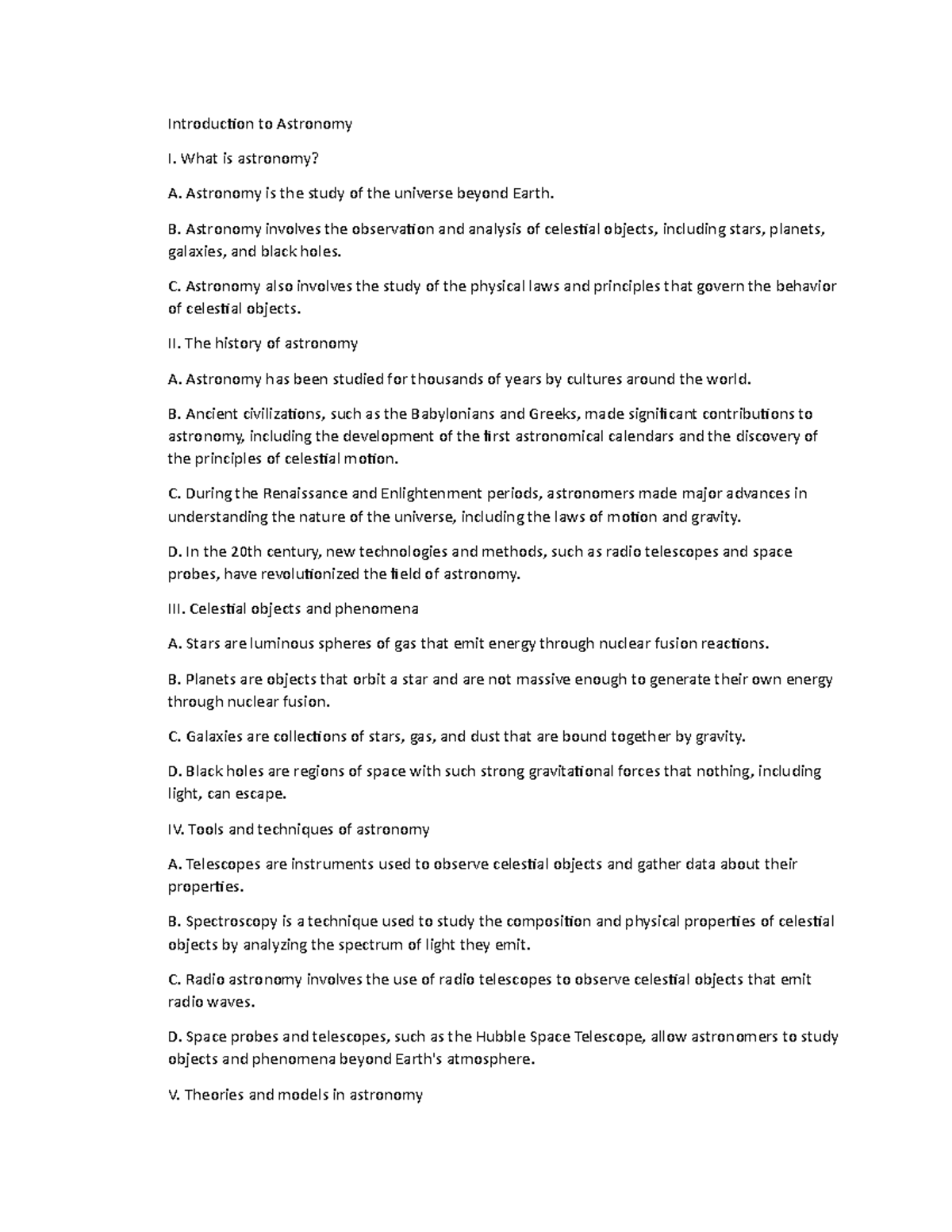 Astronomy - Introduction to Astronomy I. What is astronomy? A ...