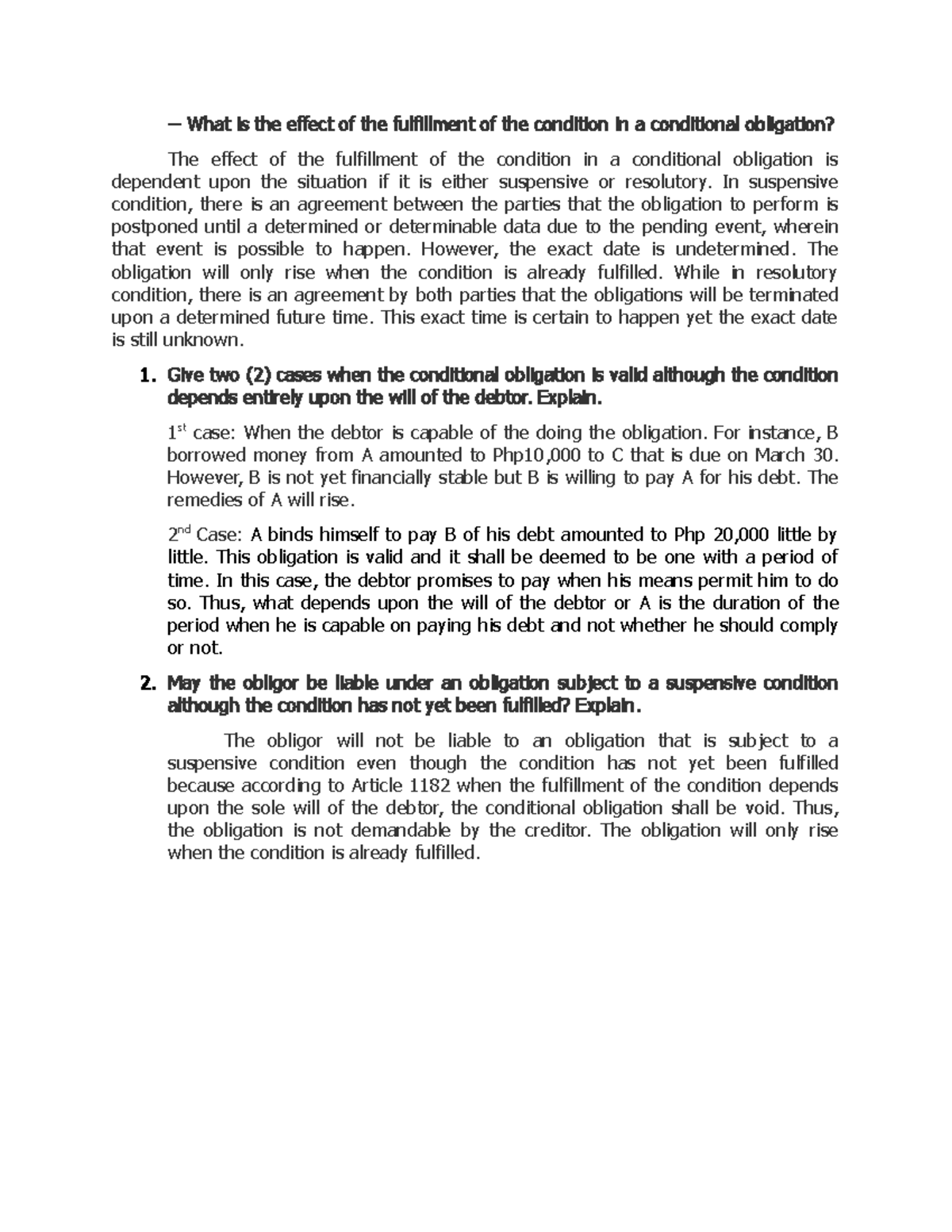 Law discussion 2 - Chapter 1 - What is the effect of the fulfillment of ...