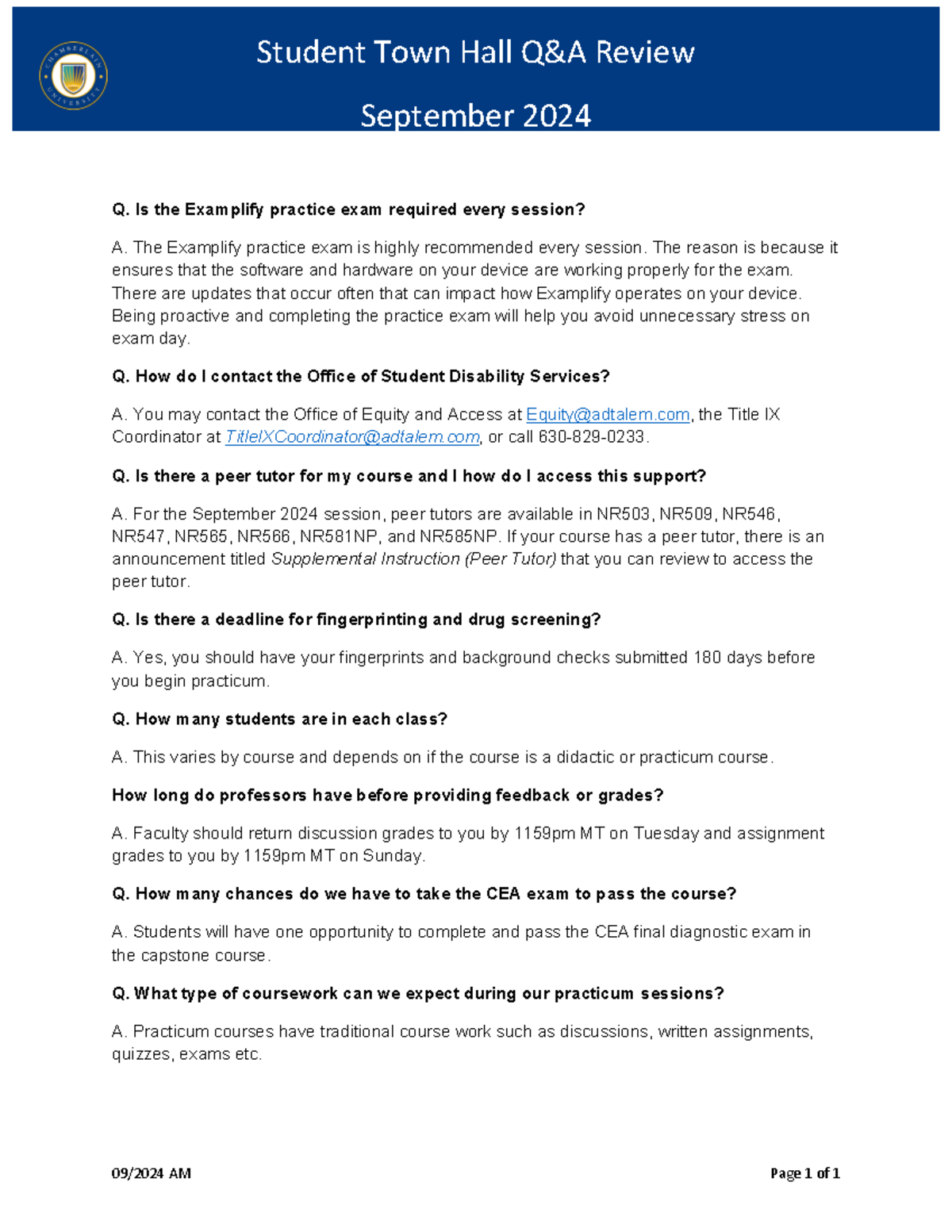 Student Town Hall Q&A Review 9-2024 - Student Town Hall Q&A Review ...