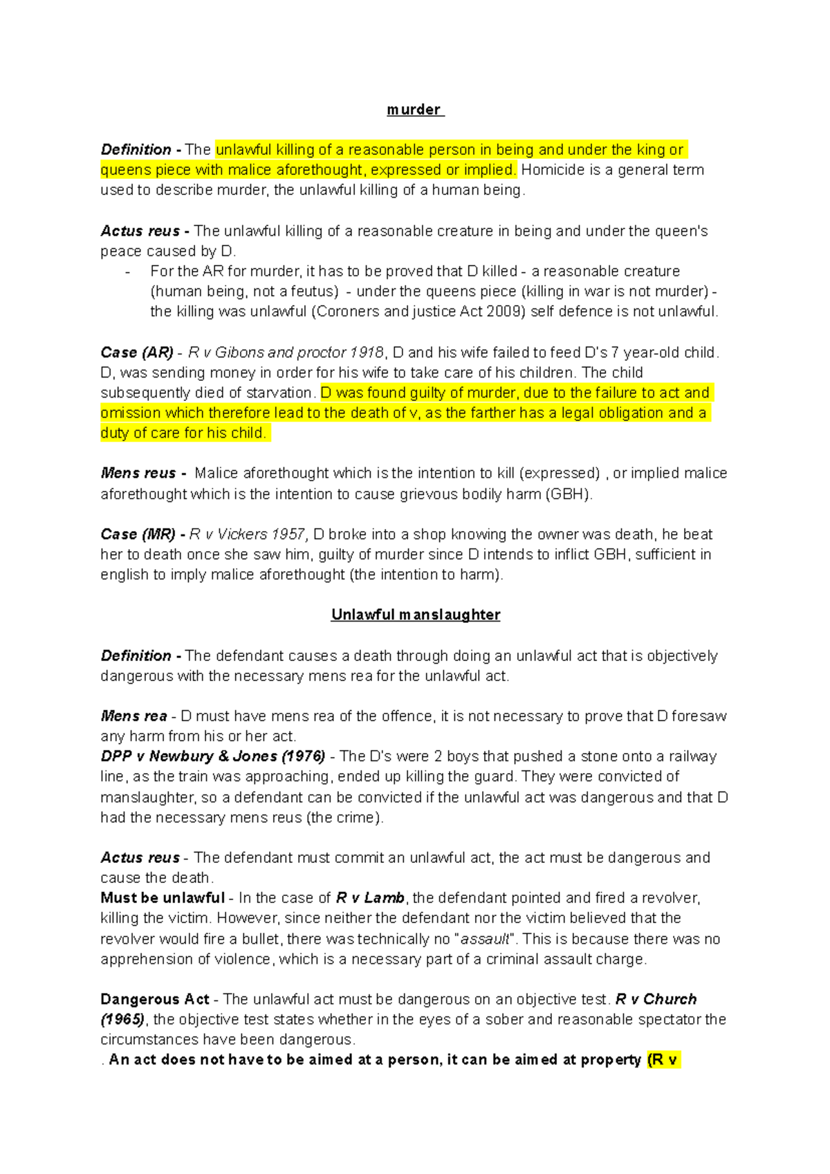 Criminal Revision notes - murder Definition - The unlawful killing of a ...