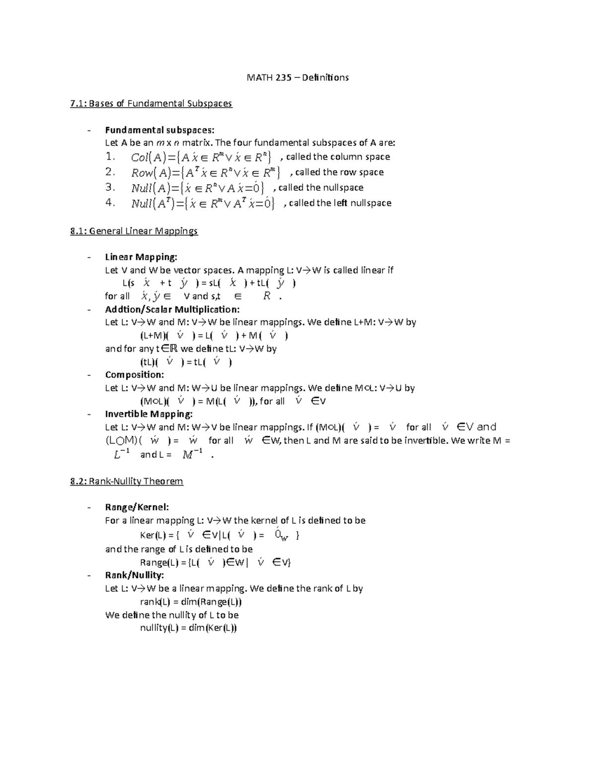 MATH 235 - Definitions - The four fundamental subspaces of A are: 1 ...