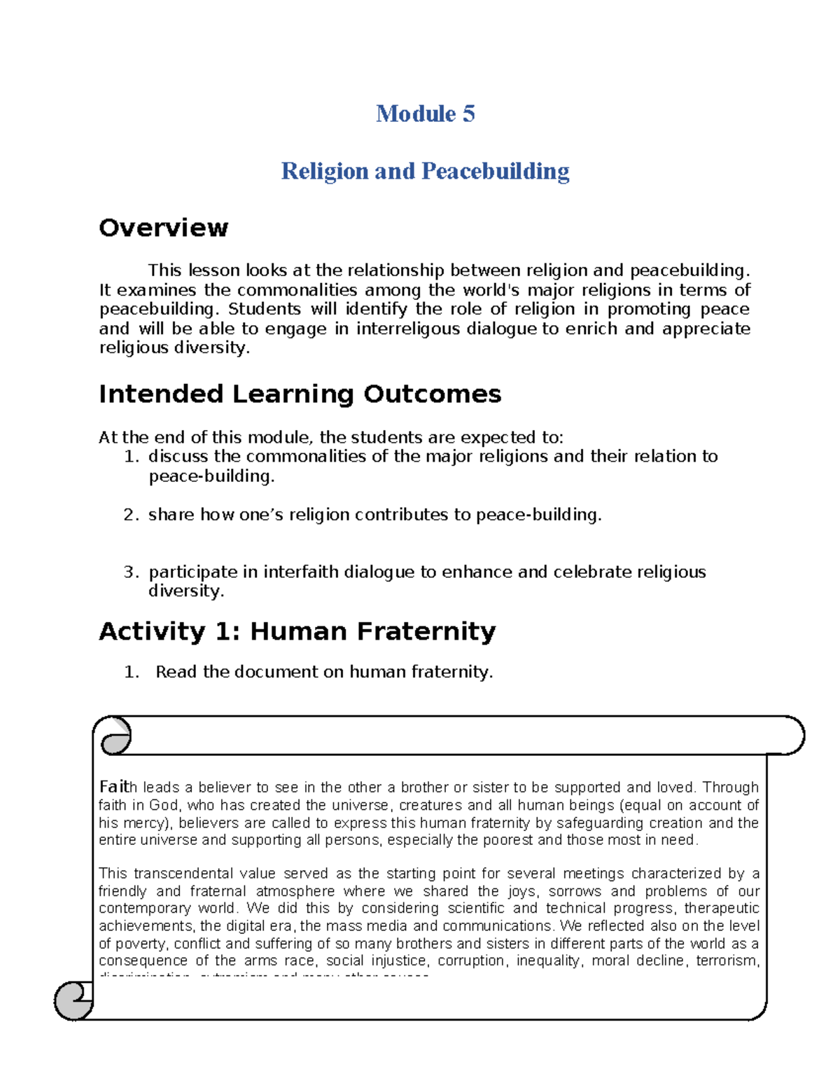 Module-5-Final - Module 5 Religion and Peacebuilding Overview This lesson looks at the ...