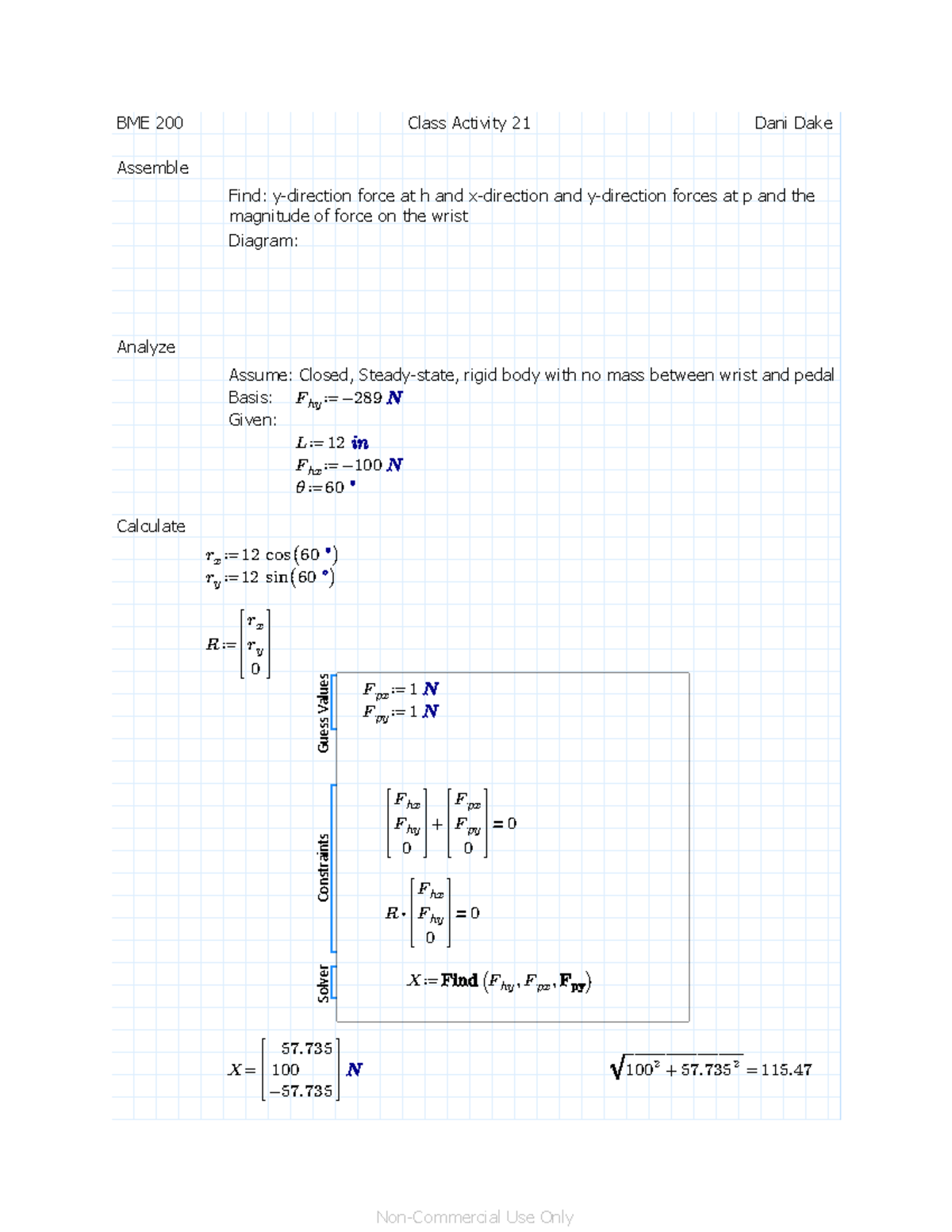 BME 200 Class ACtivity 21 - BME 200 Class Activity 21 Dani Dake Assemble Find: y-direction force ...