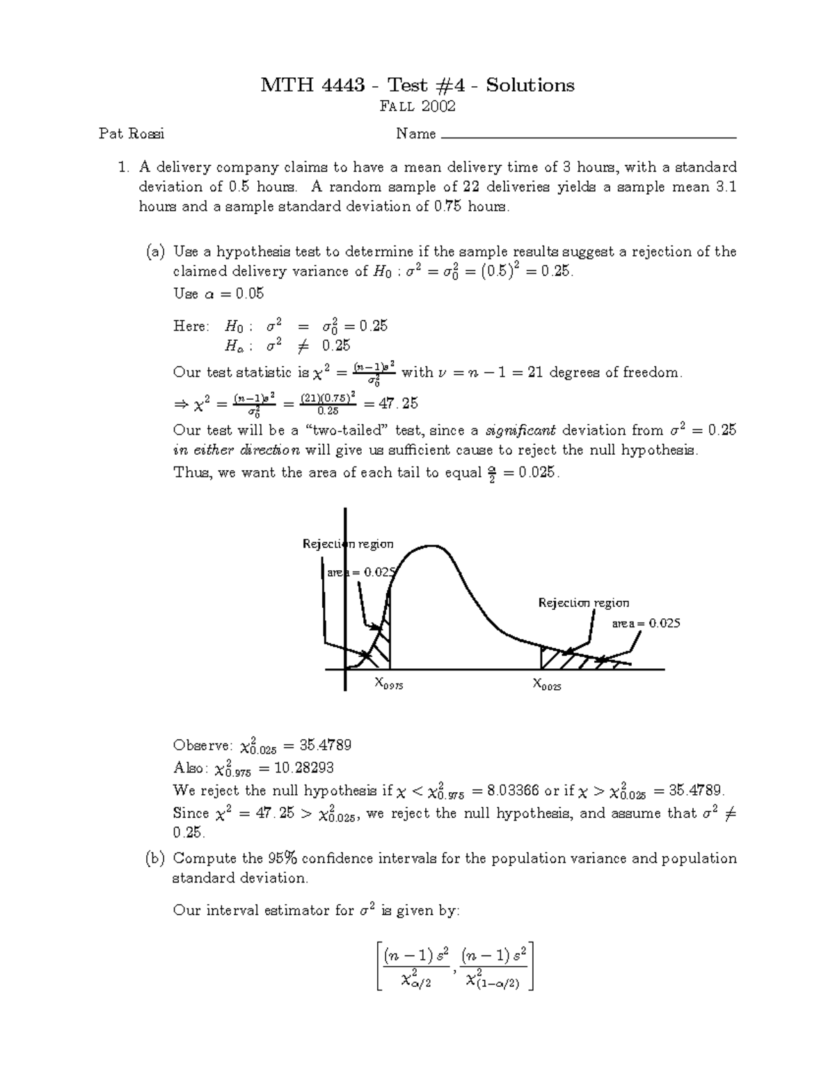 Exam, answers - MTH 4443 - Test #4 - Solutions Fall 2002 Pat Rossi Name ...