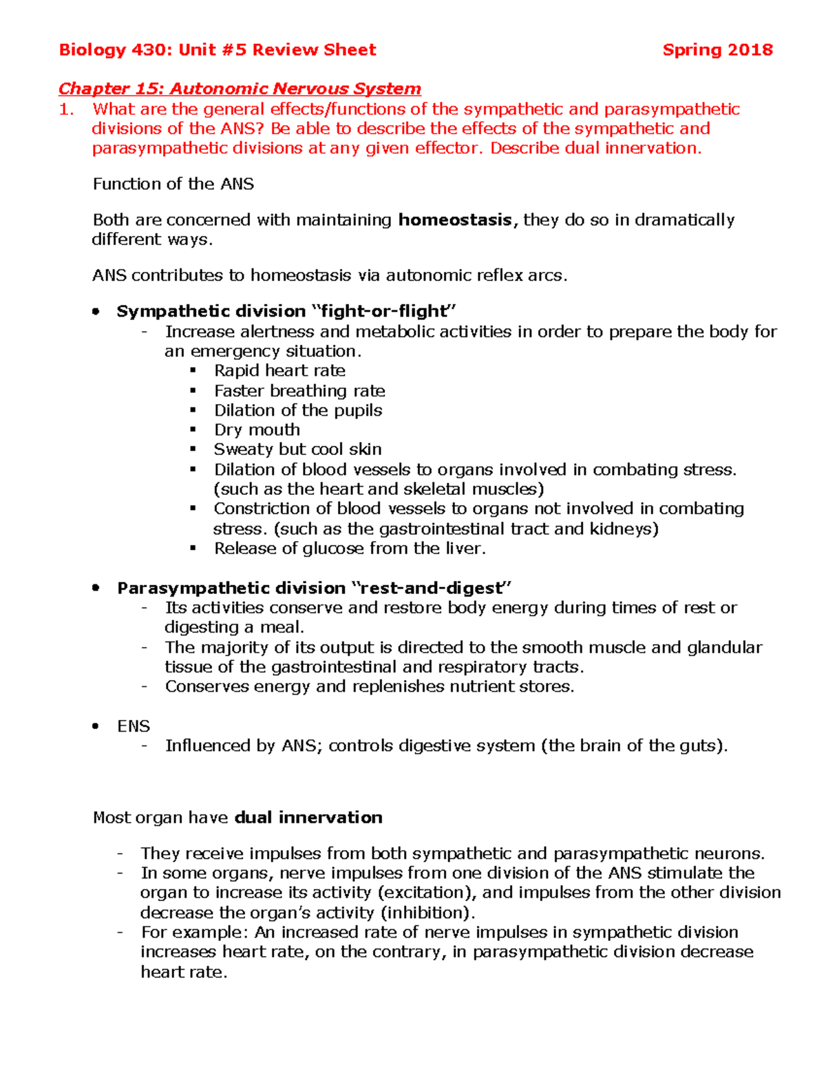 B430 Exam 5 Review Sheet 2018 - Biology 430: Unit #5 Review Sheet Spring 2018 Chapter 15 ...