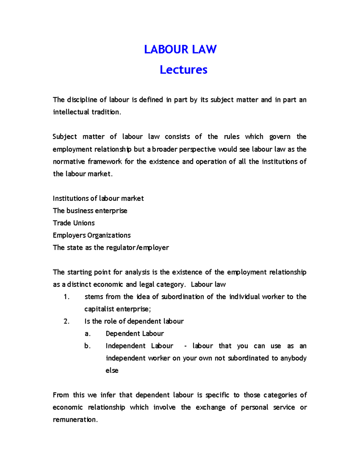 Labour notes - For class and research purposes - LABOUR LAW Lectures ...