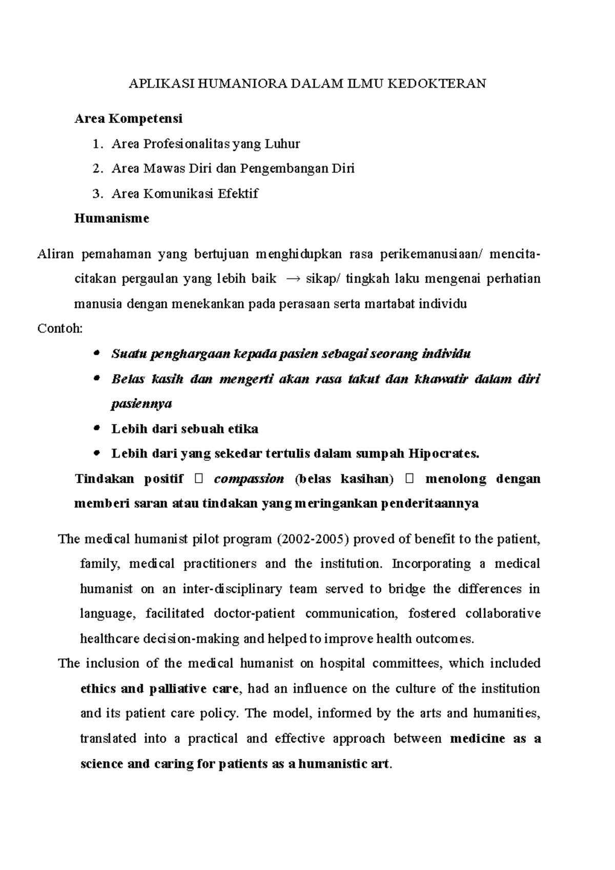 Aplikasi Humaniora Dalam ILMU Kedokteran - APLIKASI HUMANIORA DALAM ILMU KEDOKTERAN Area ...