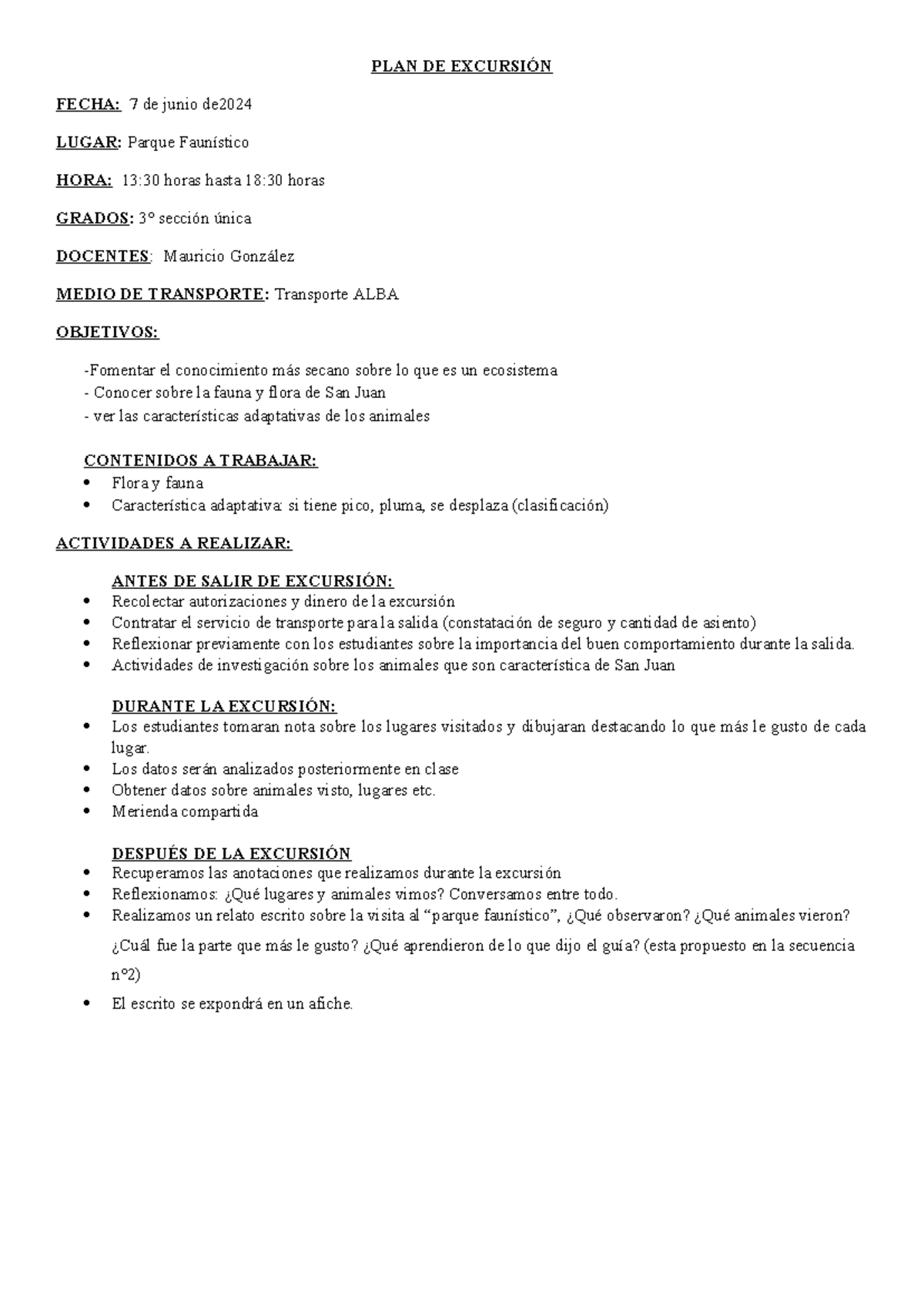 Modelo PLAN DE Excursión 3° - PLAN DE EXCURSIÓN FECHA: 7 de junio de ...