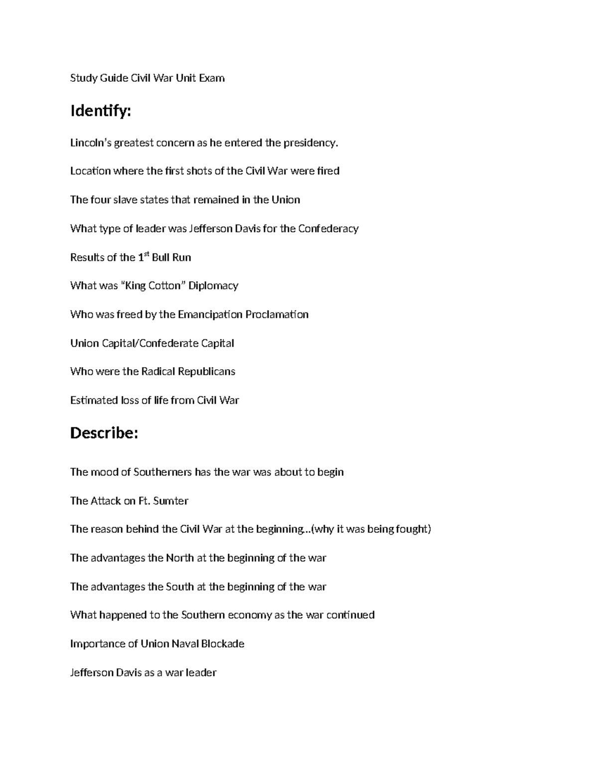 Study Guide Civil War Unit Exam - Study Guide Civil War Unit Exam ...