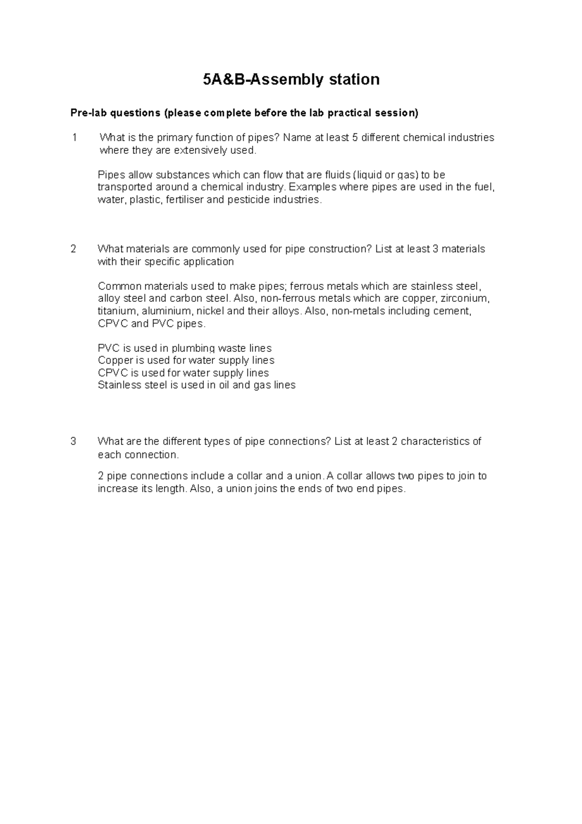 Prelab questions Assembly Station, assembling and disassembling pipes ...