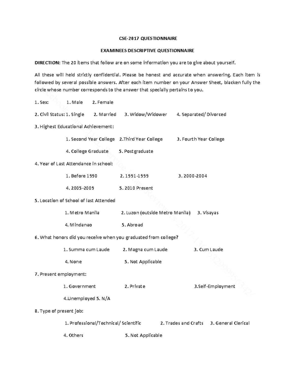 Civil Service Mock Exam-1 removed - CSE-2017 QUESTIONNAIRE EXAMINEES ...