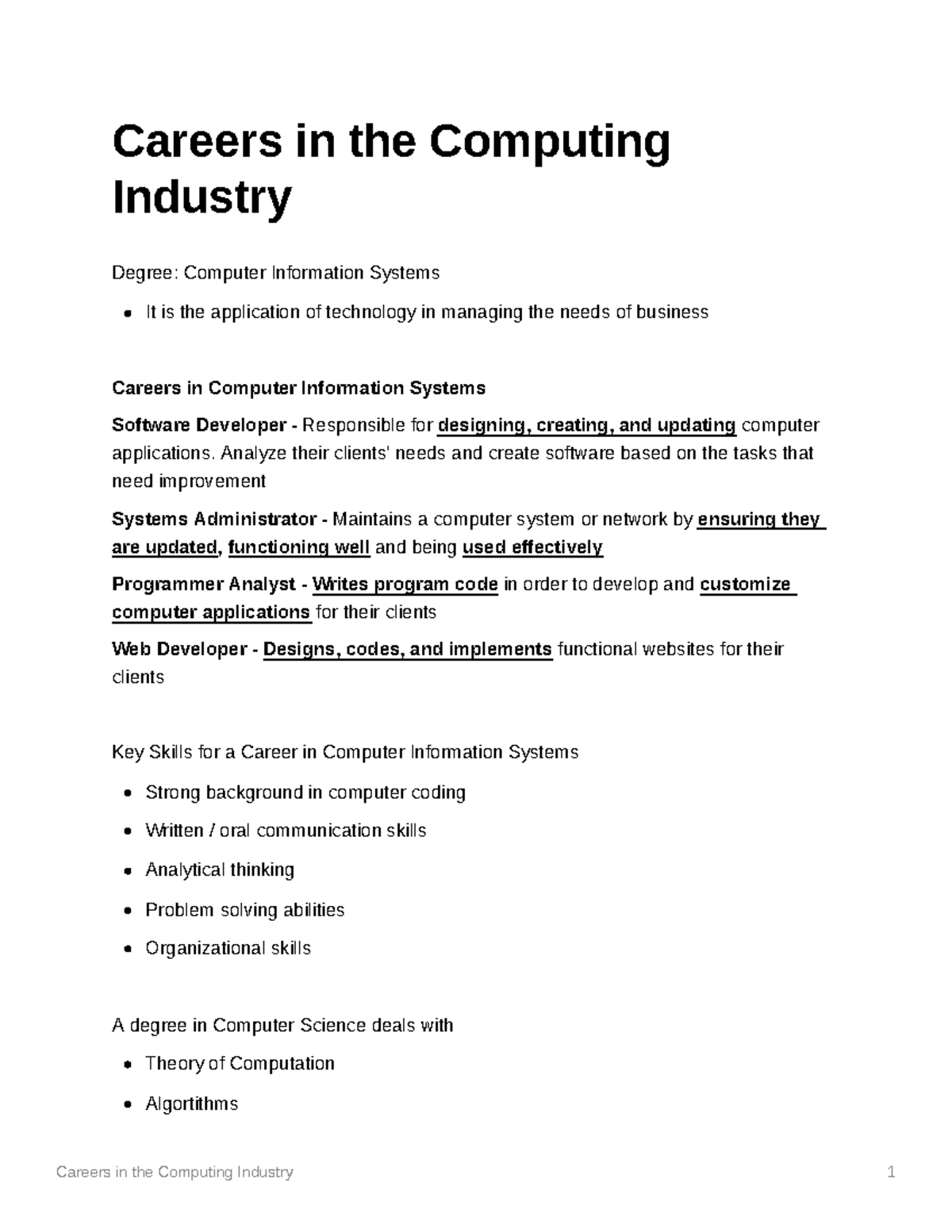 Careers In The Computing Industry BS Computer Science AUF Studocu