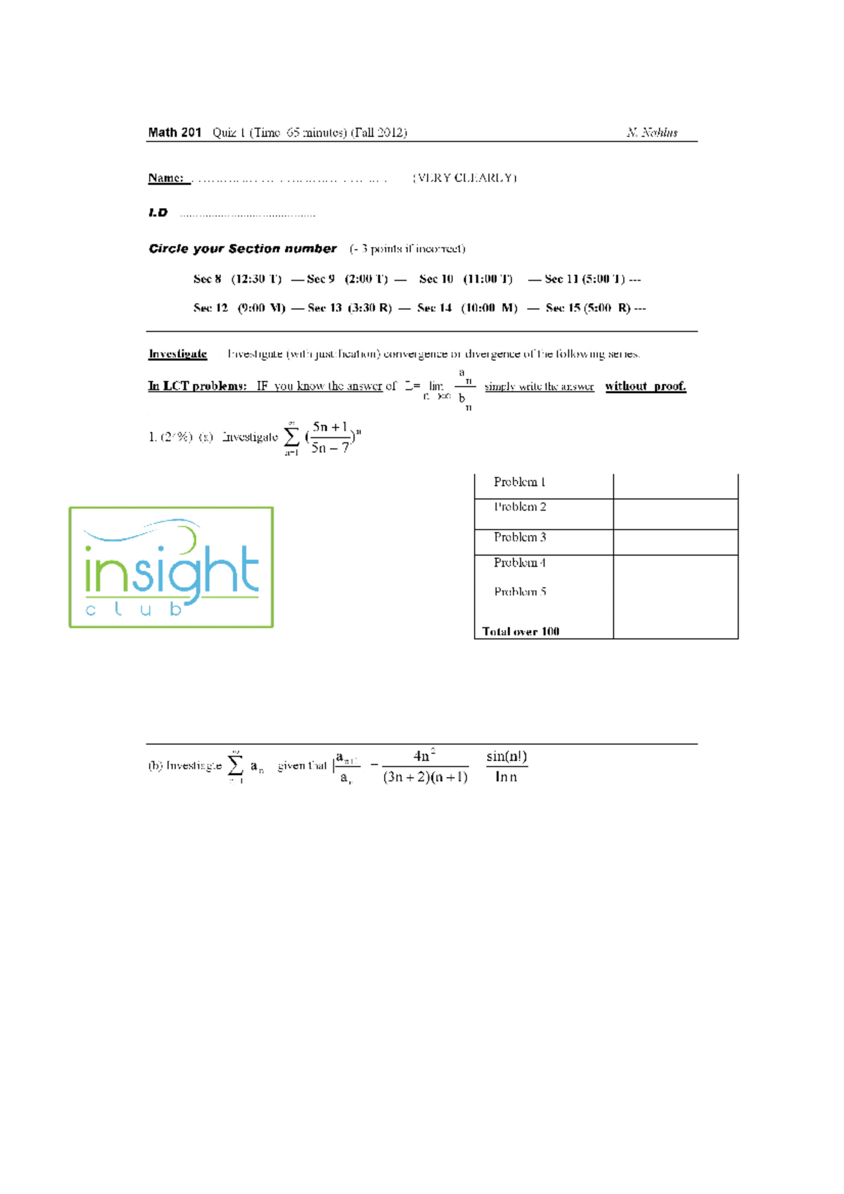 Math201 Fall Quiz1 Nahlus - Mathematics - Studocu