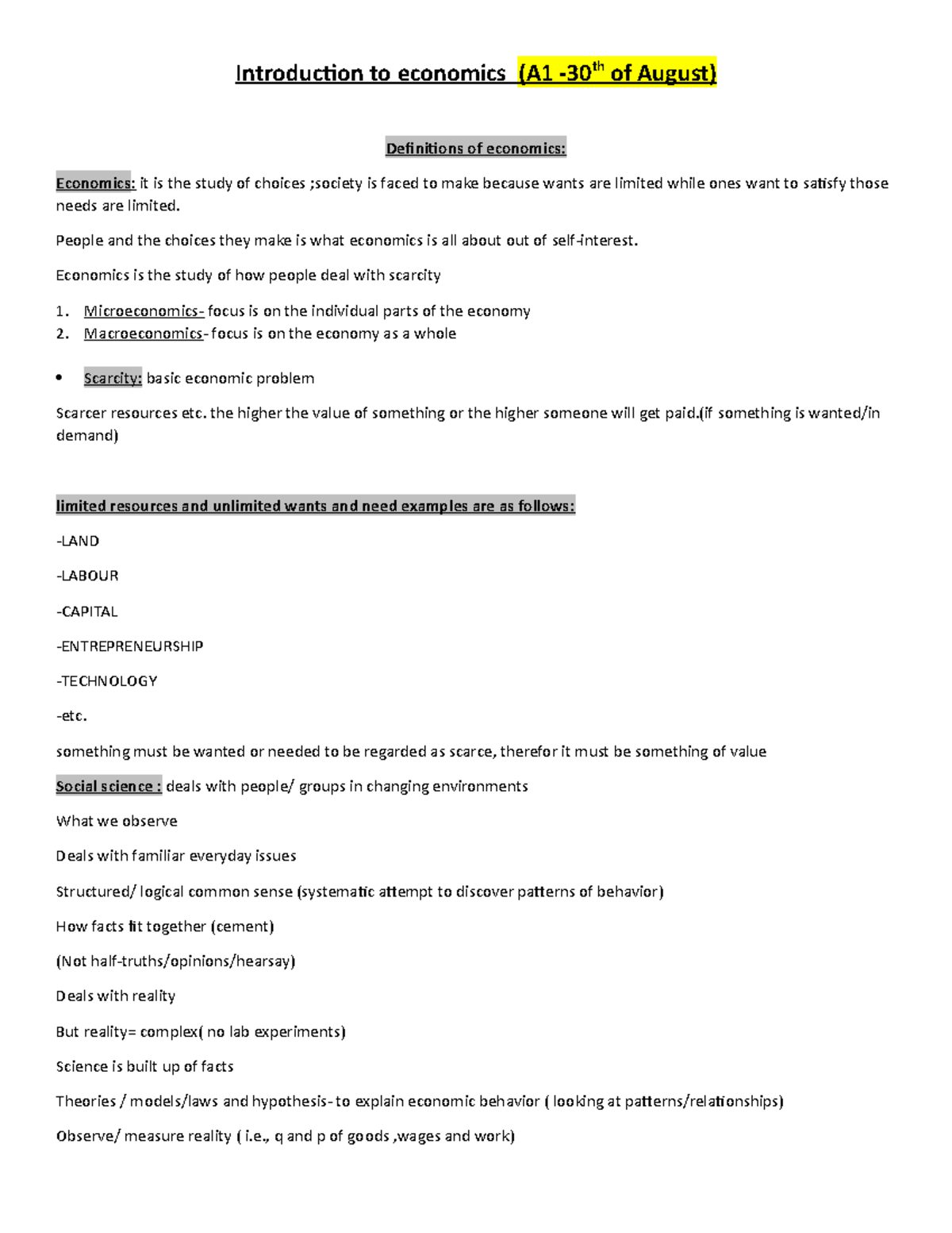 Notes for economics - Summaries made in lectures - Introduction to ...