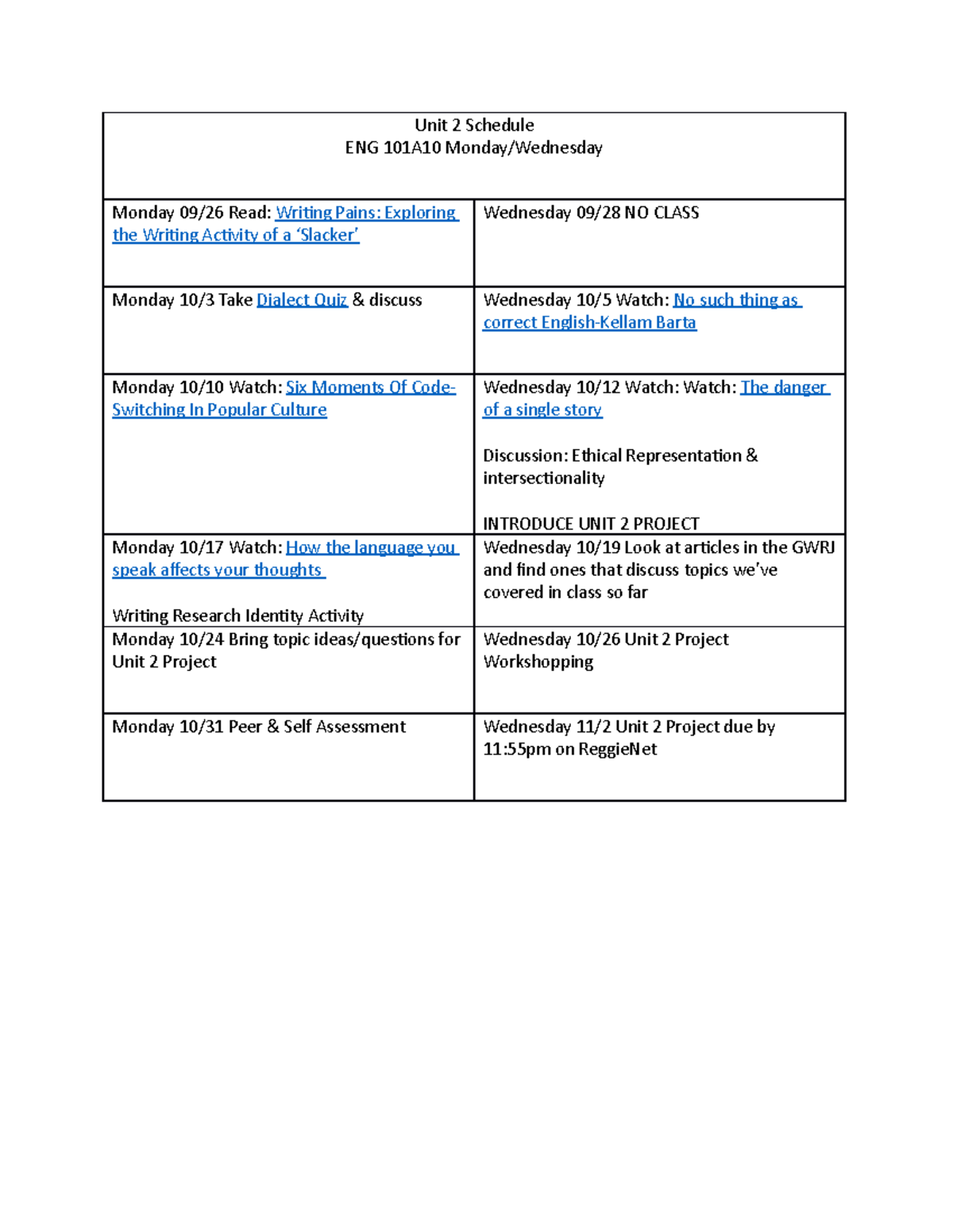 Unit 2 Schedule 101A10 - isu lecture notes - Unit 2 Schedule ENG 101A10 ...