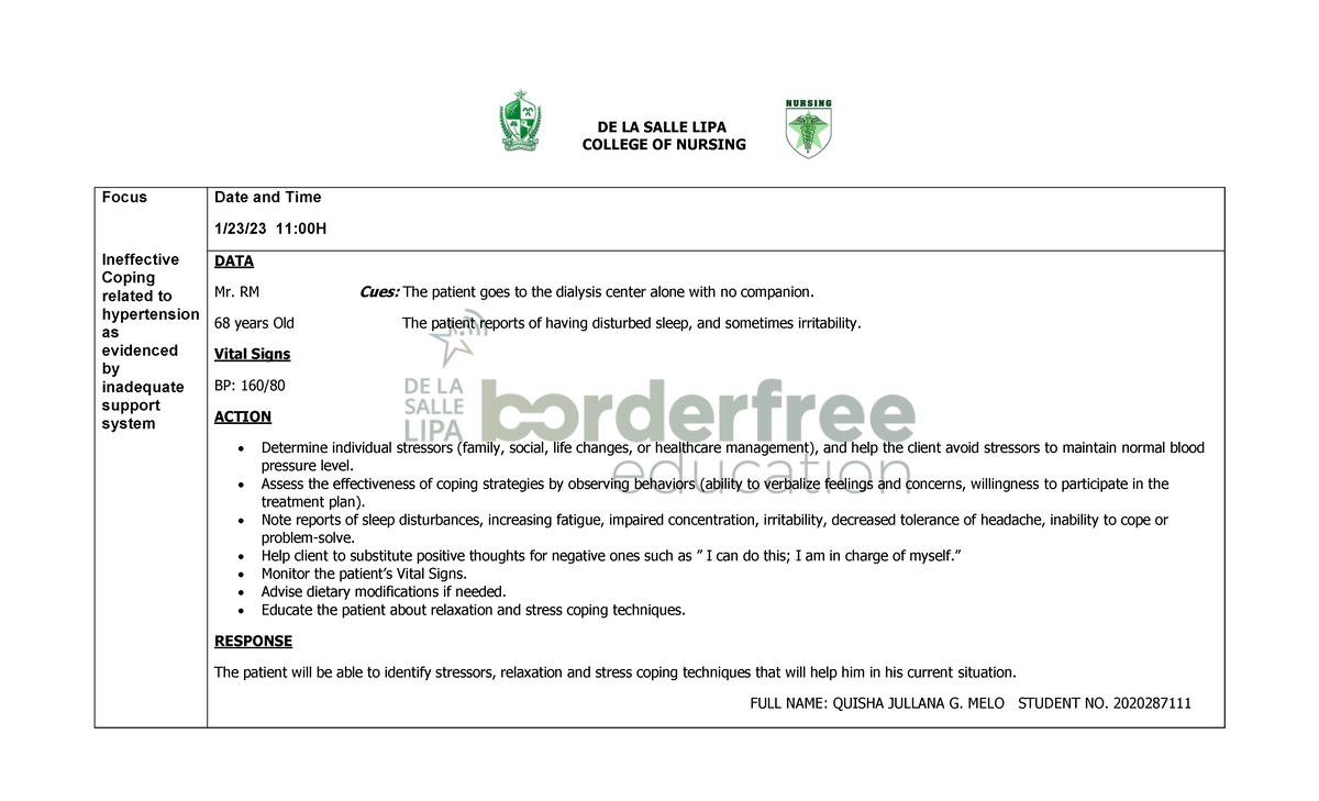 FDAR for Ineffective Coping related to Hypertension - DE LA SALLE LIPA ...