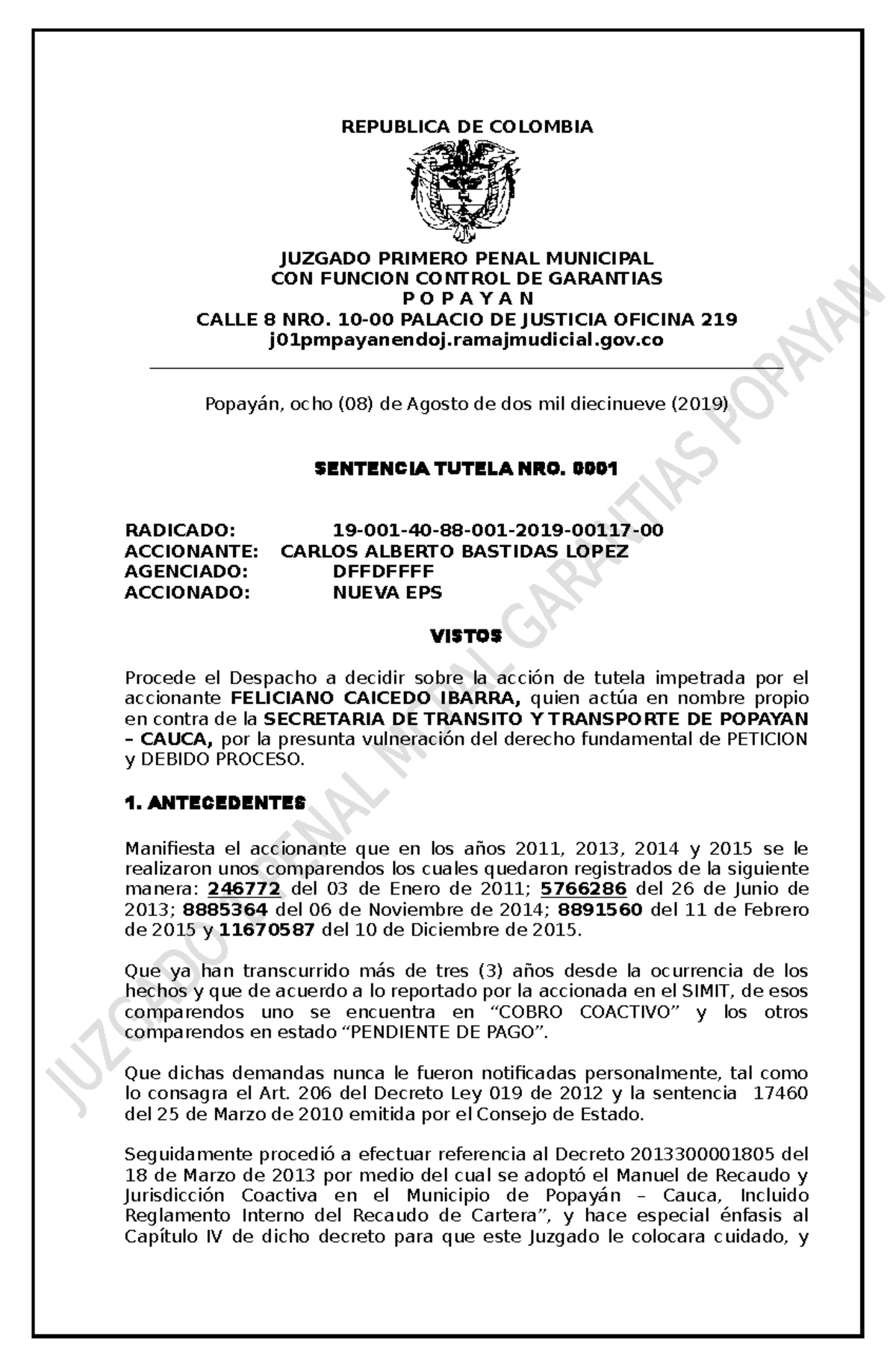 Formato Fallo DE Tutela - REPUBLICA DE COLOMBIA JUZGADO PRIMERO PENAL ...