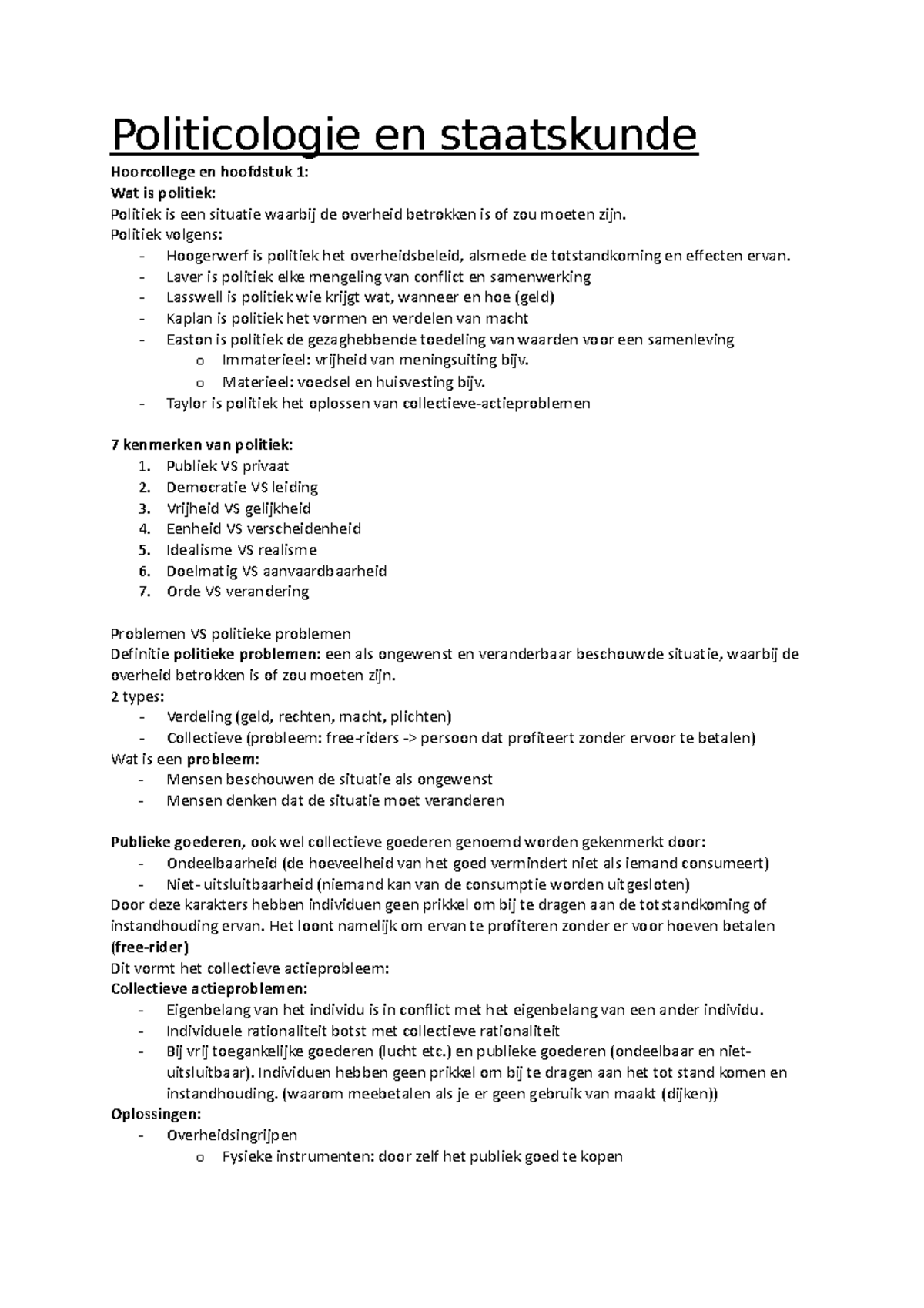 Politicologie en staatskunde - Politicologie en staatskunde Hoorcollege en hoofdstuk 1: Wat is ...