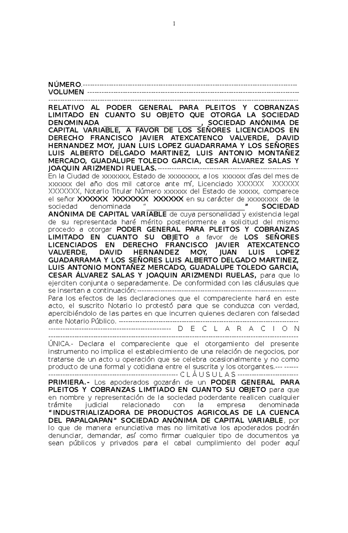Formato Poder Notarial Pleitos Y Cobranz - NÚMERO.- VOLUMEN - RELATIVO ...