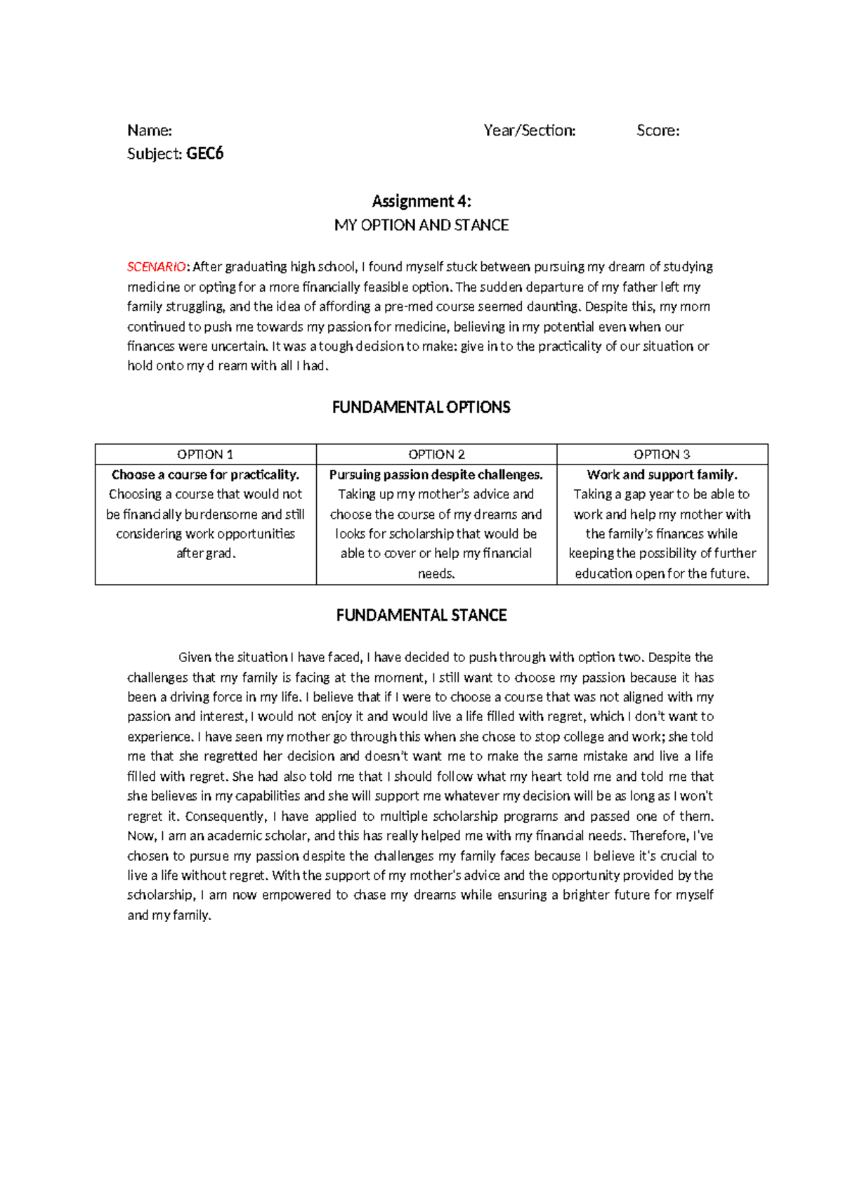 ASS 4 - Fundamental Option & Stance - Name: Year/Section: Score ...