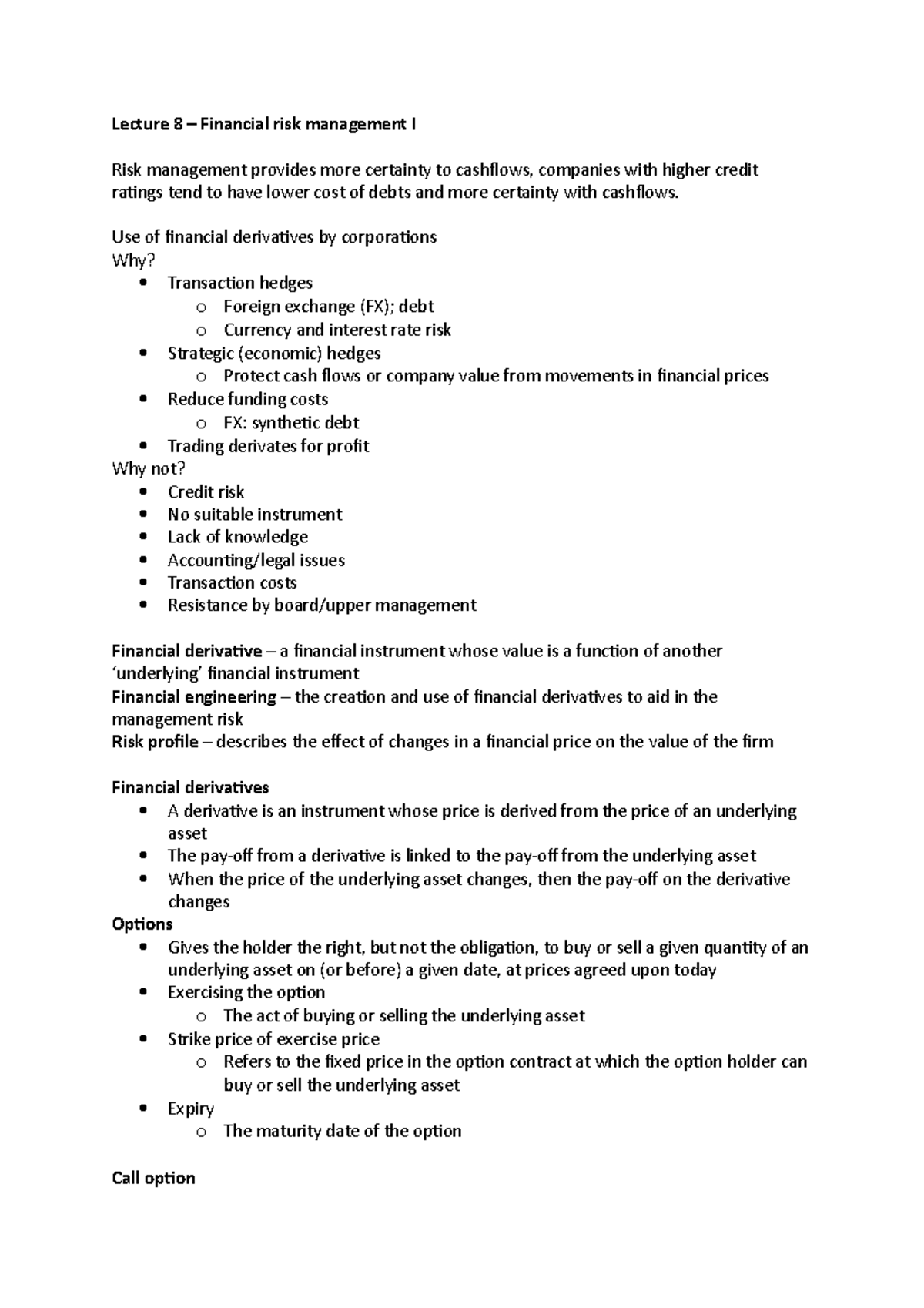 Lecture 8 Financial Risk Management Lecture 8 Financial Risk