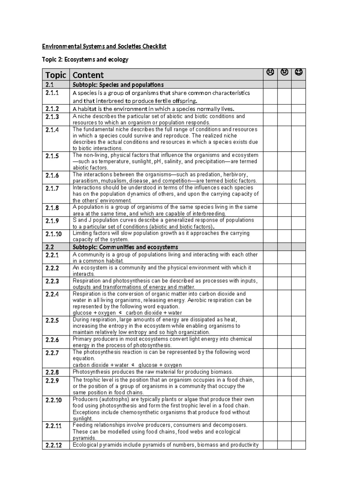 ESS Topic 2 Check List - Environmental Systems and Societies Checklist ...