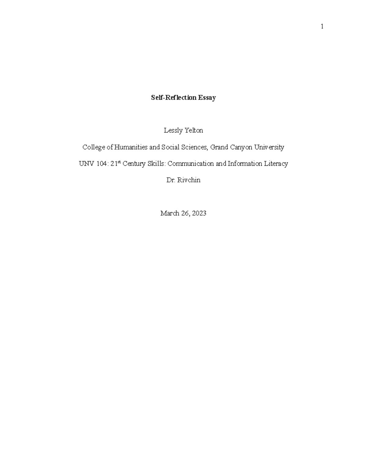Self Reflection Essay - Self-Reflection Essay Lessly Yelton College of ...