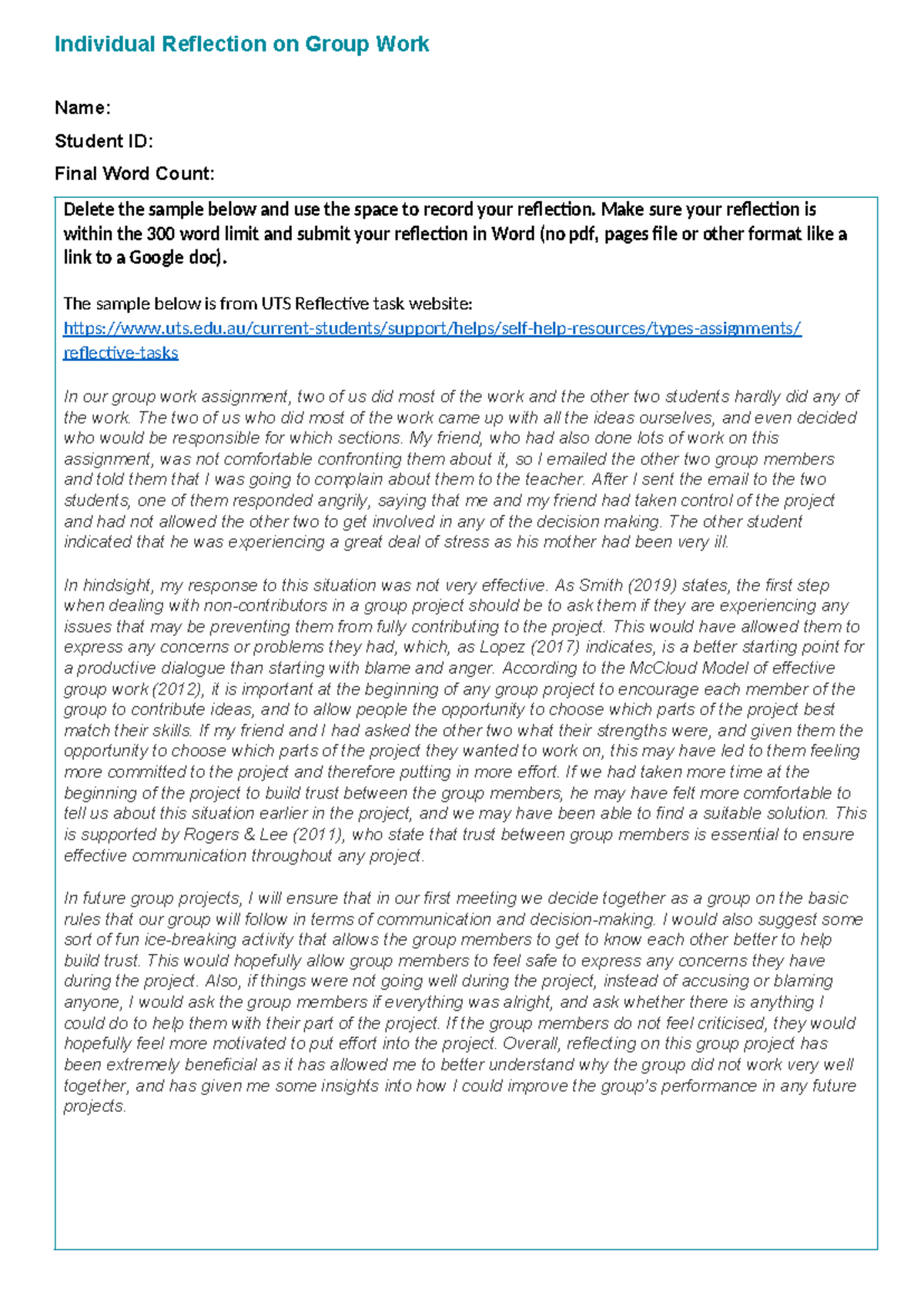 Individual Reflection template-3 - Individual Reflection on Group Work ...