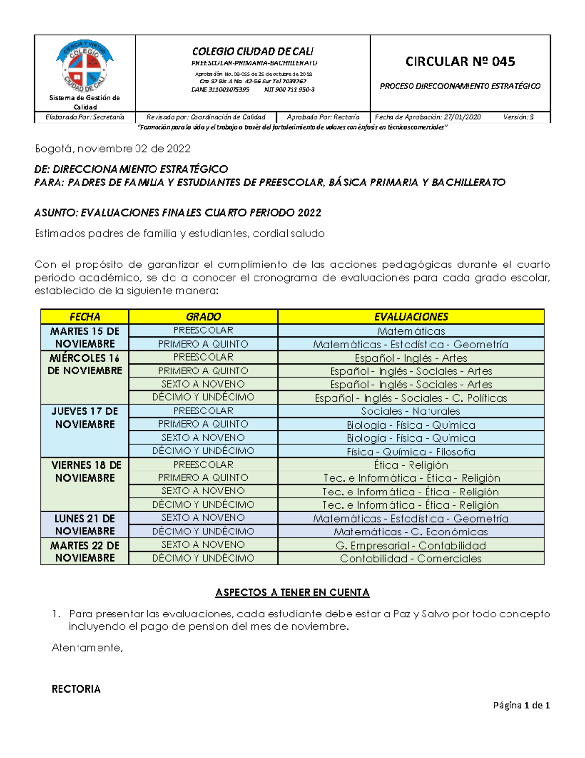 Circular Evaluaciones Periodo 4 - 2022 Corregida - Página 1 de 1 ...
