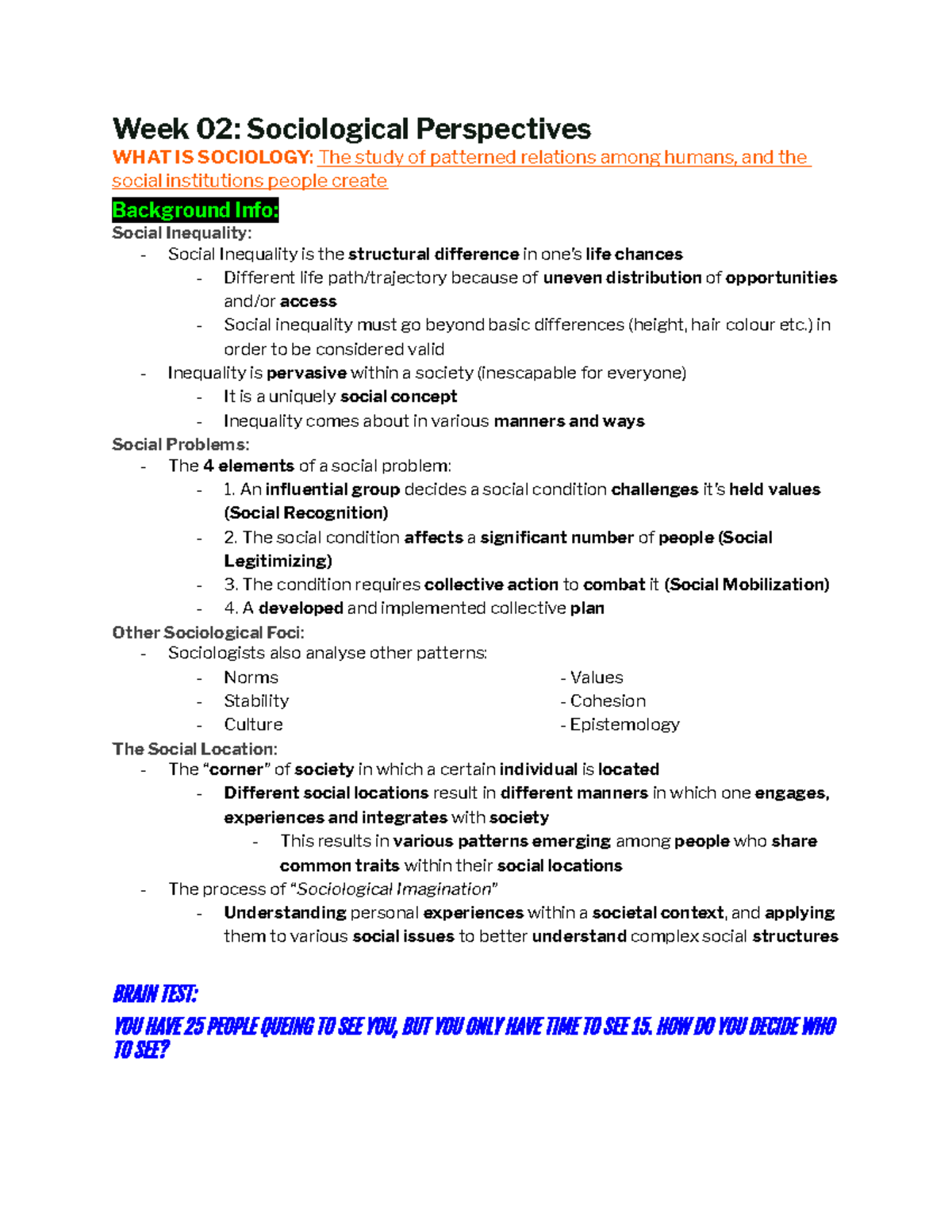 Test Review Sheet - Summary Introduction to Sociology - Week 02 ...