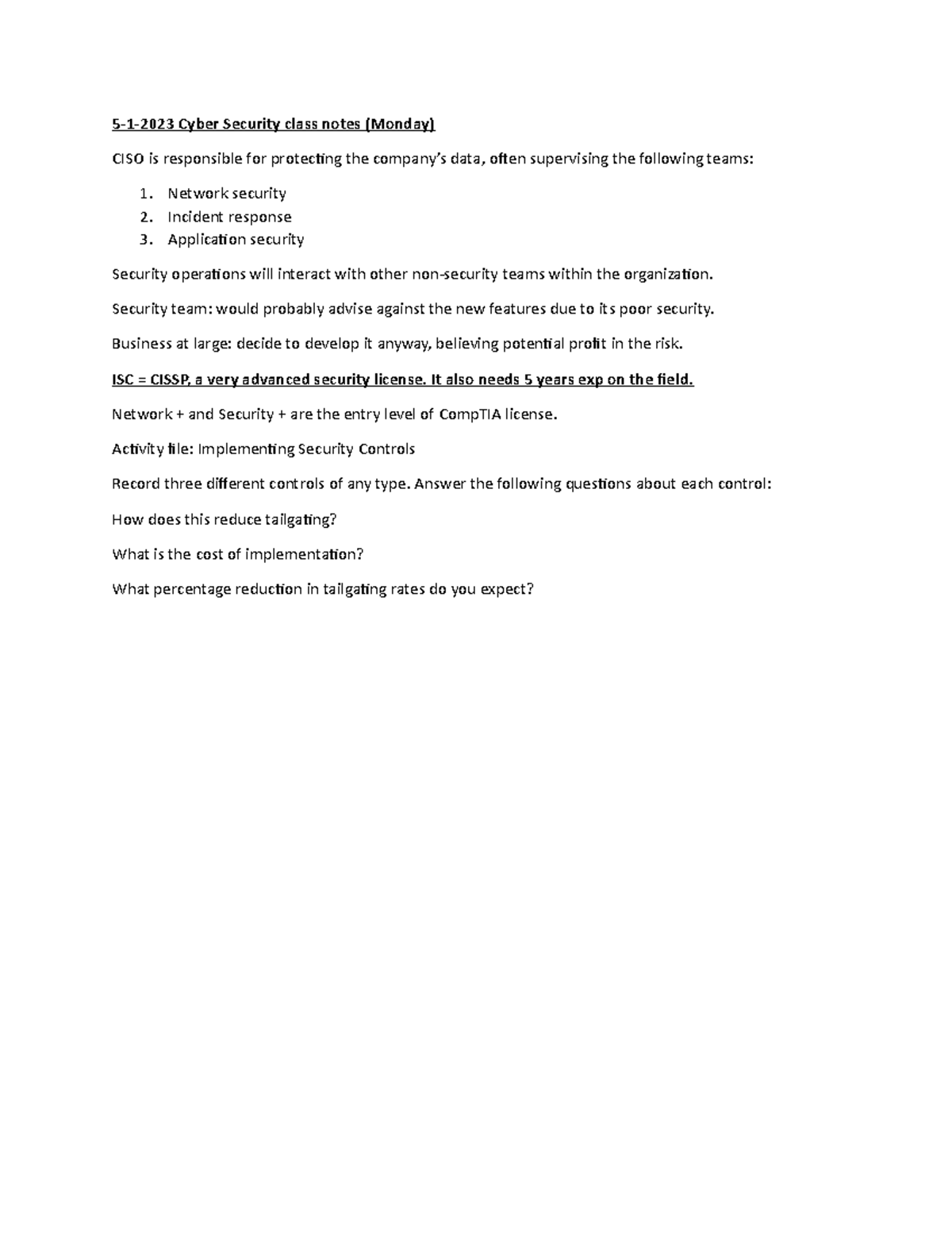 5-1 Cyber Security notes - 5-1-2023 Cyber Security class notes (Monday ...