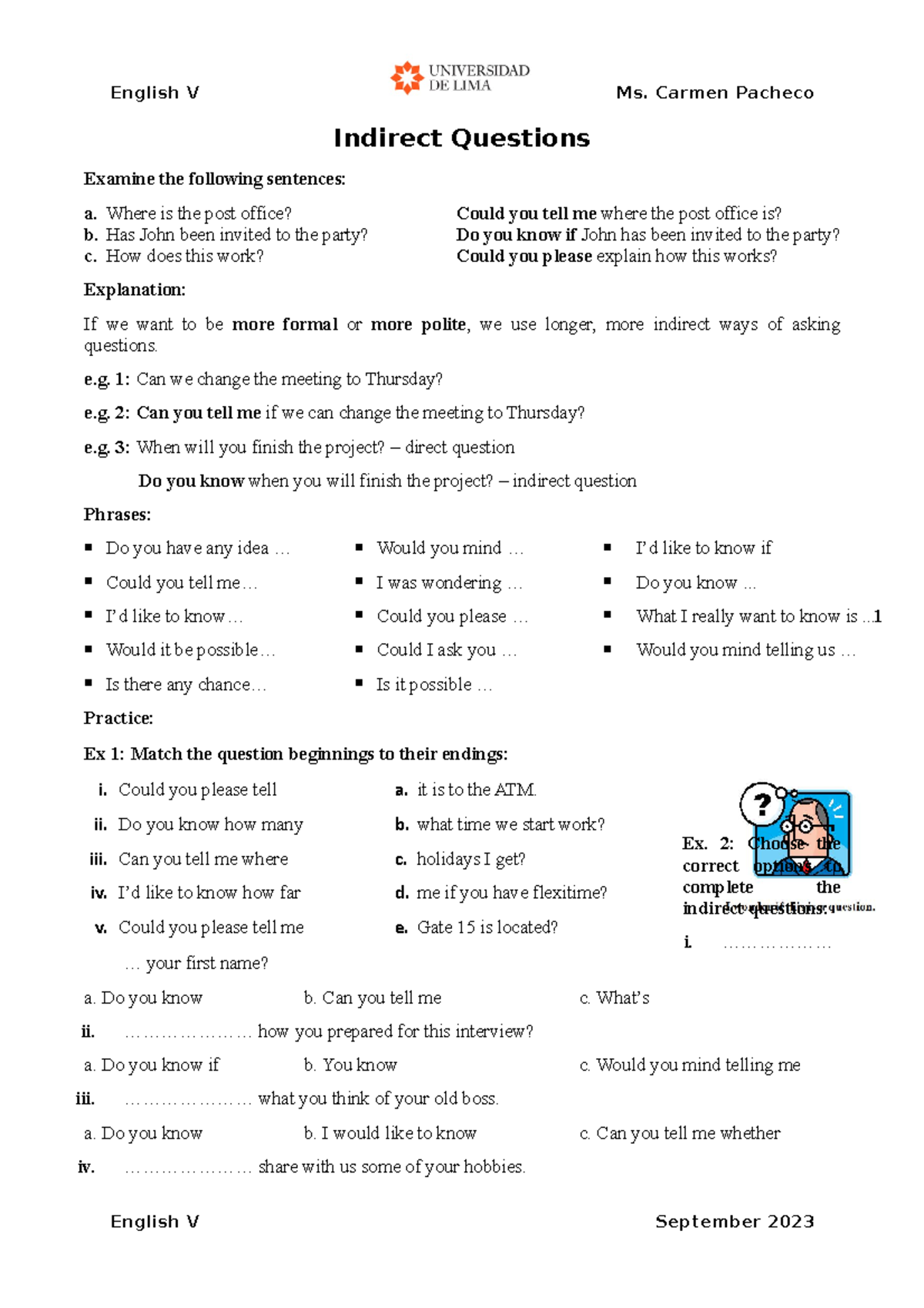 Indirect Questions Quiz(1) - English V Ms. Carmen Pacheco Indirect ...