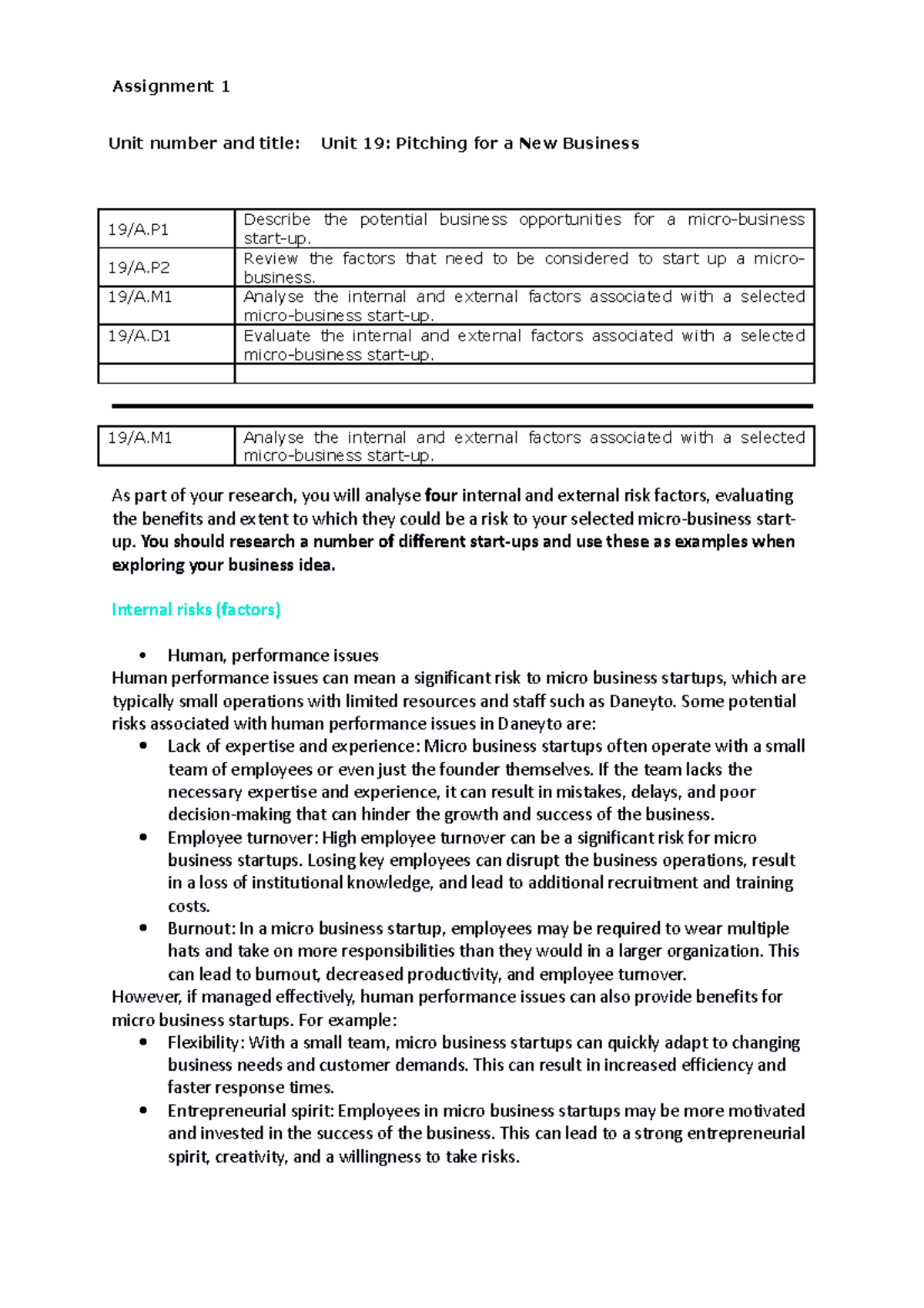 M1 D1 unit 19 business - Assignment 1 Unit number and title: Unit 19: Pitching for a New ...