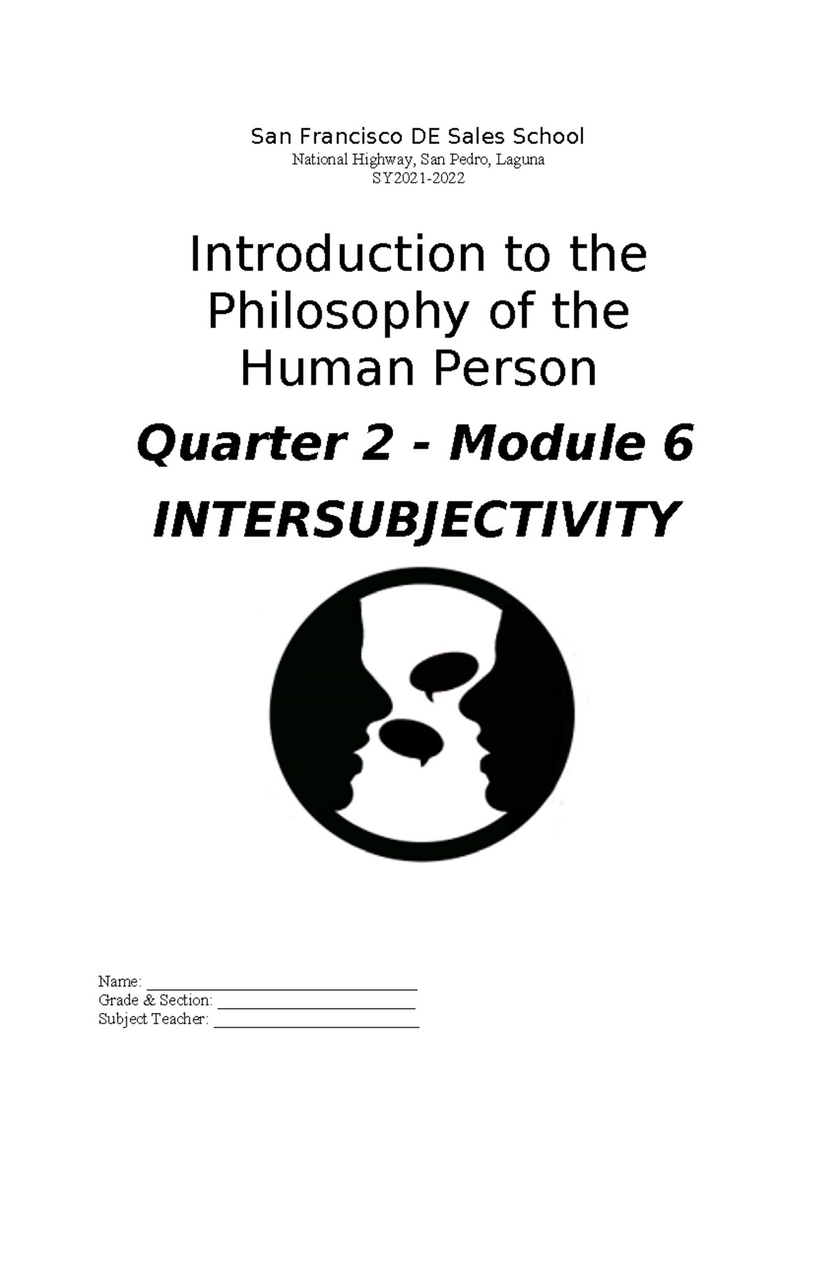 Philo Q2 Module 2 Intersubjectivity - ####### San Francisco DE Sales School National Highway ...